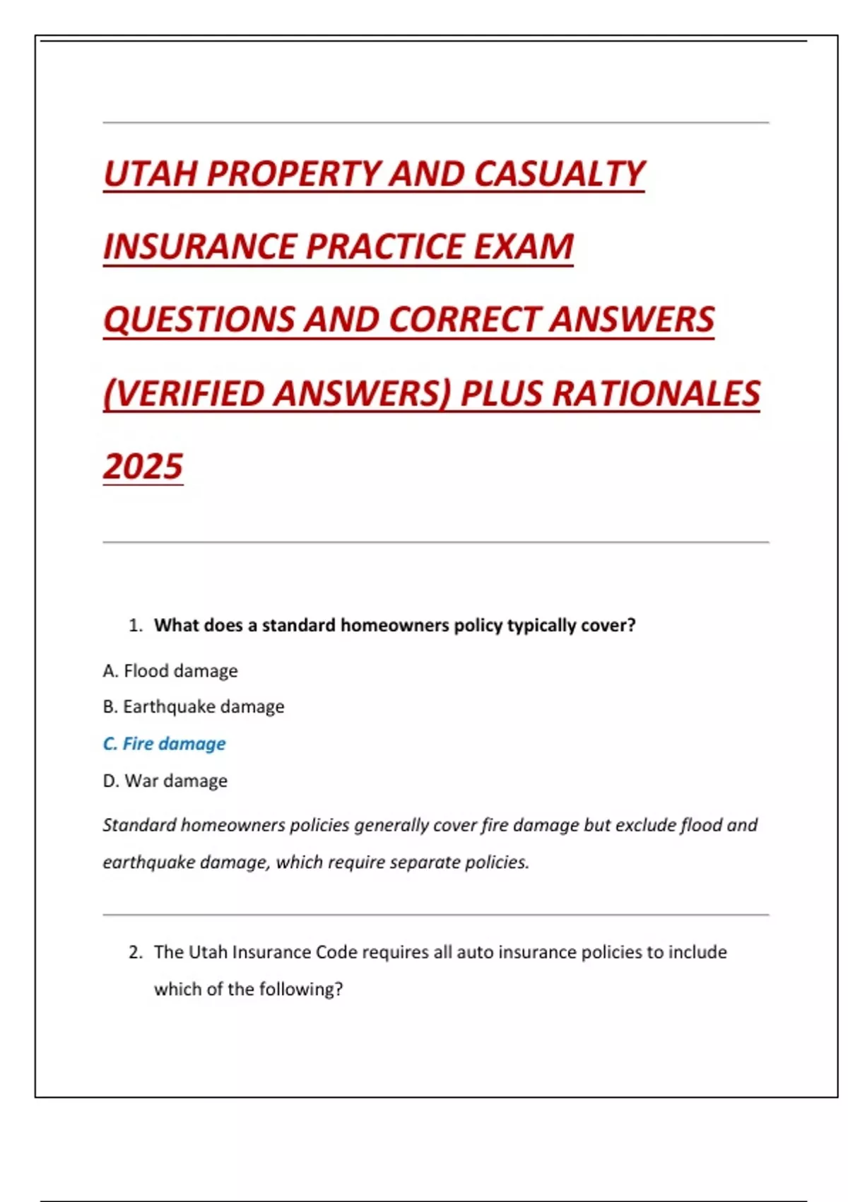 UTAH PROPERTY AND CASUALTY INSURANCE PRACTICE EXAM QUESTIONS AND ...