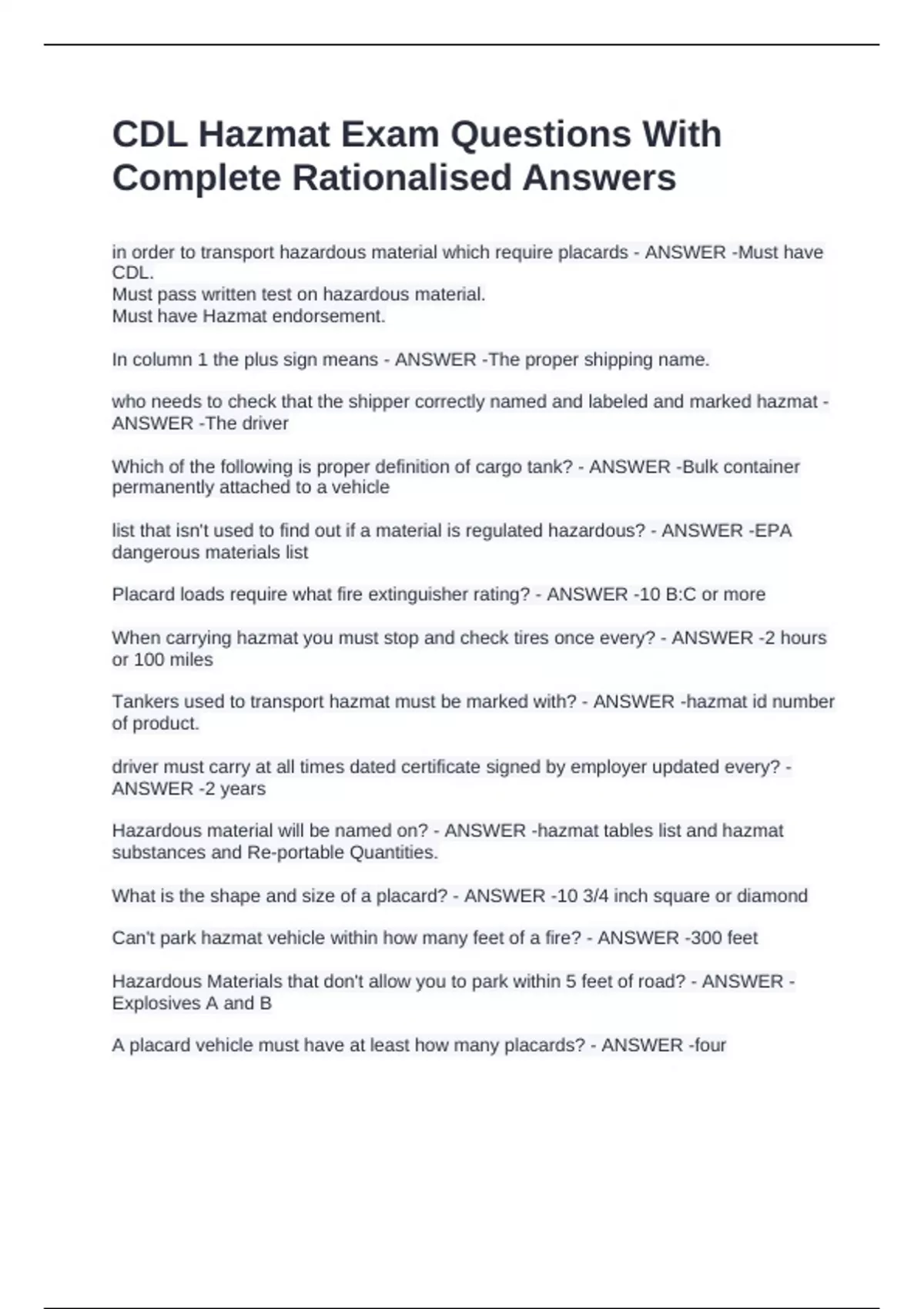 CDL Hazmat Exam Questions With Complete Rationalised Answers - CDL ...