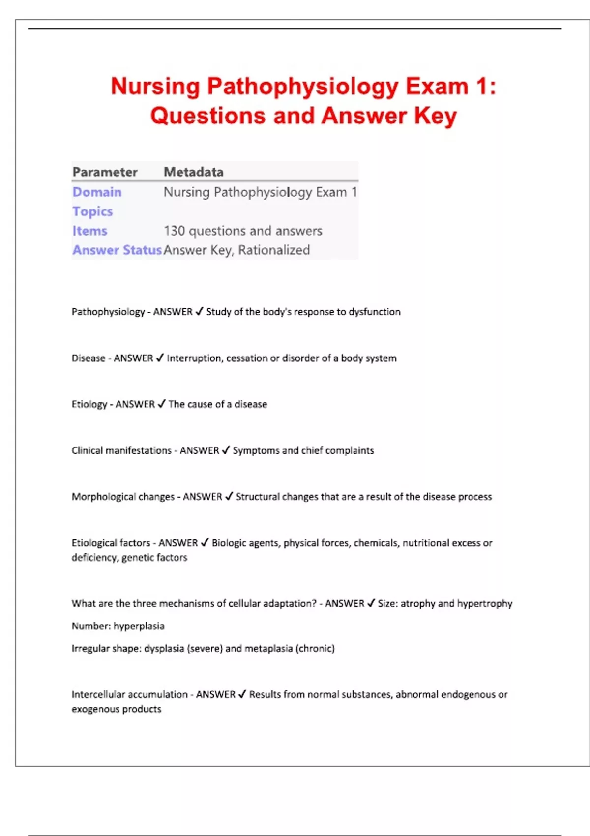 Nursing Pathophysiology Exam 1 (Latest 2025/ 2026 Update) Questions and ...
