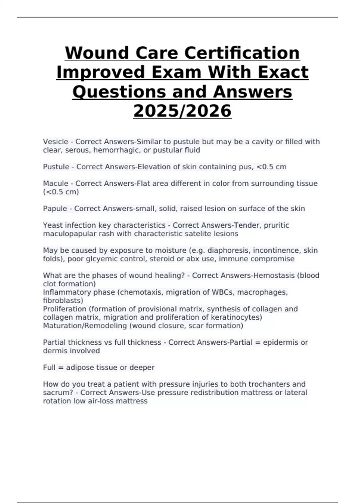 Wound Care Certification Improved Exam – Exact Questions and Answers – 2025/2026 Edition - Wound ...