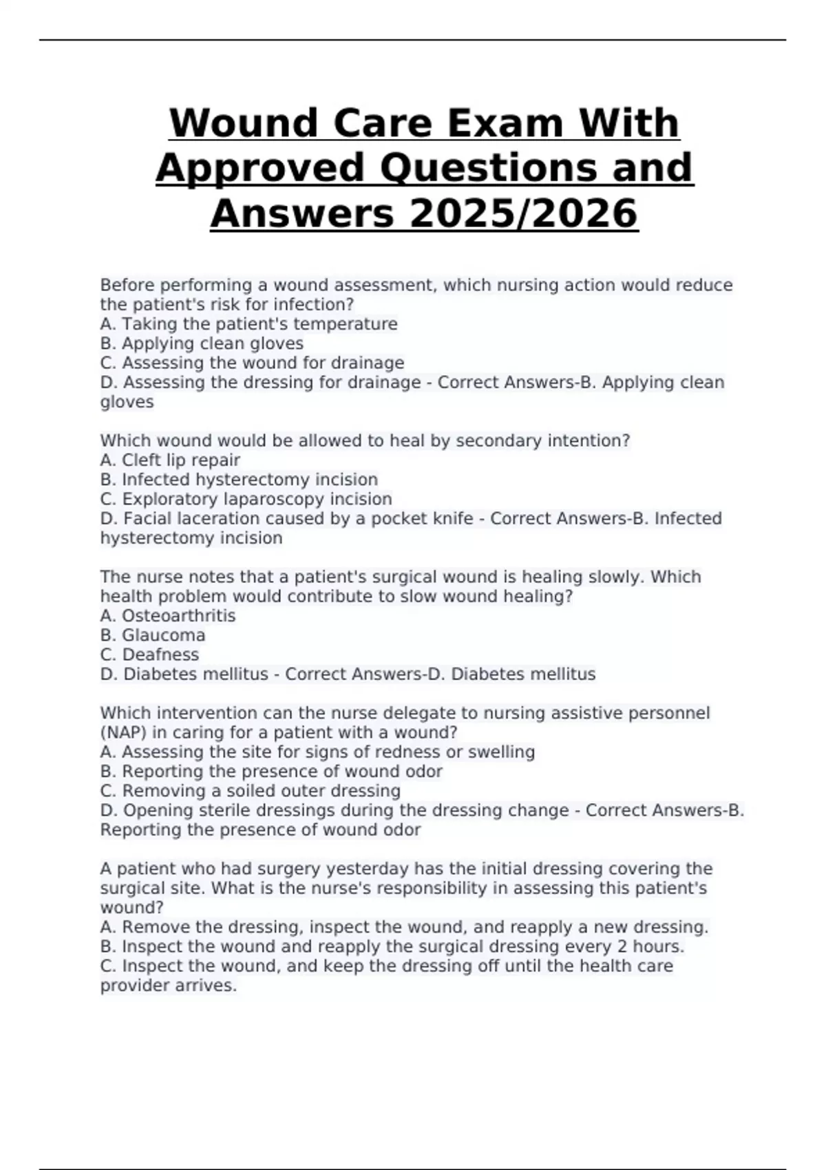 Wound Care Exam – Approved Questions and Answers – 2025/2026 Edition ...