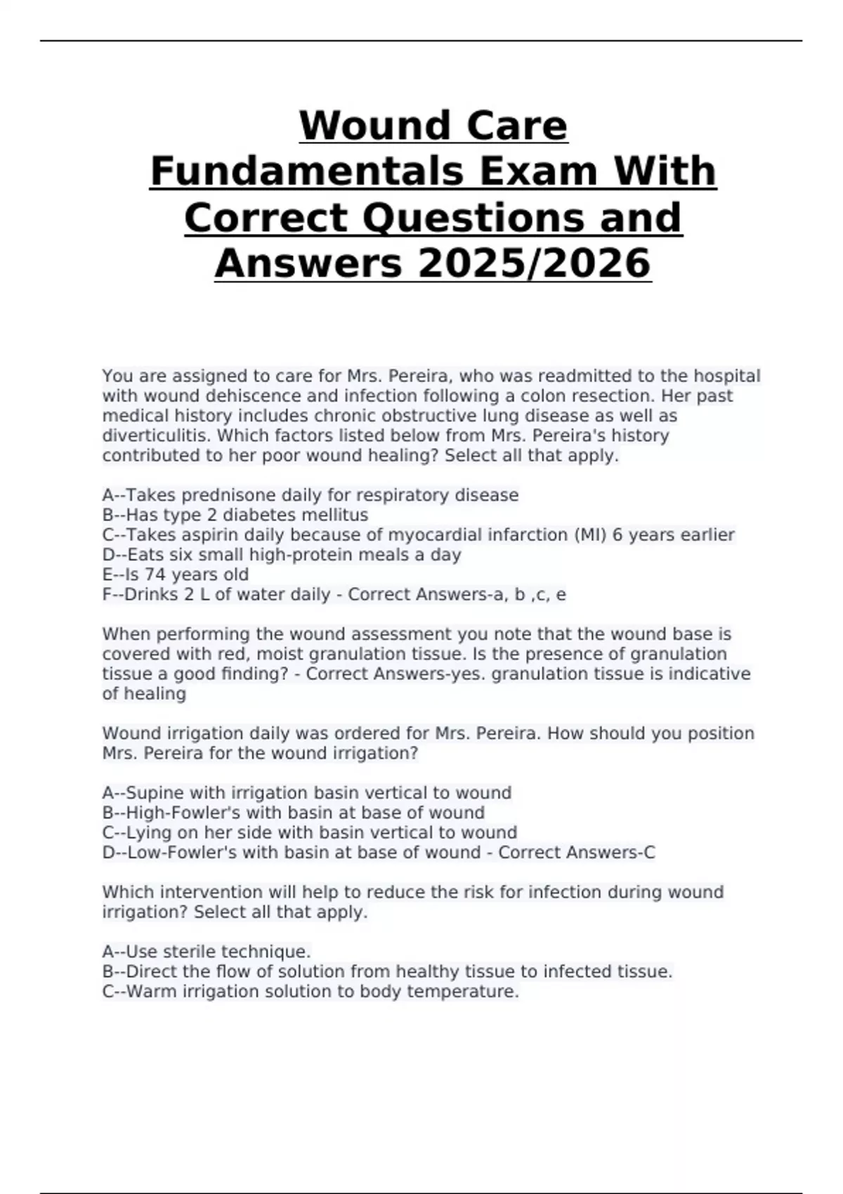 Wound Care Fundamentals Exam – Correct Questions and Answers – 2025/ ...