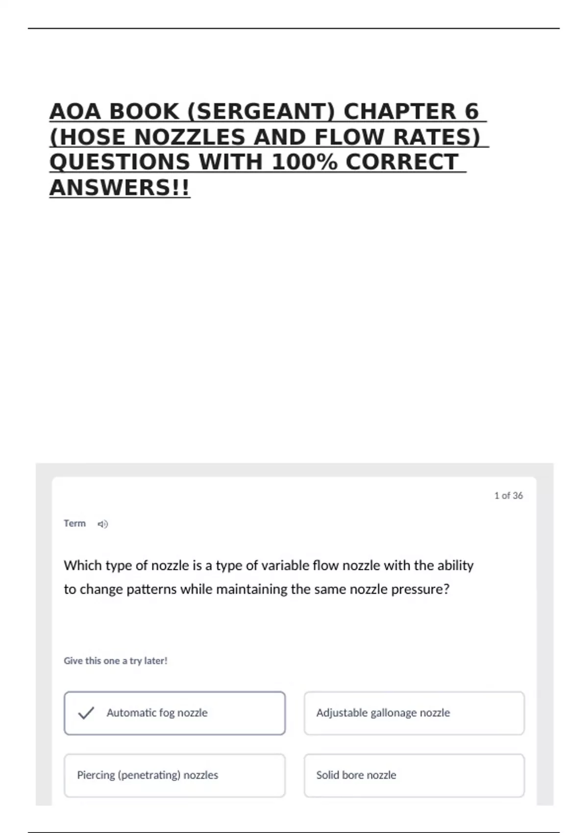 AOA BOOK (SERGEANT) CHAPTER 6 (HOSE NOZZLES AND FLOW RATES) QUESTIONS ...