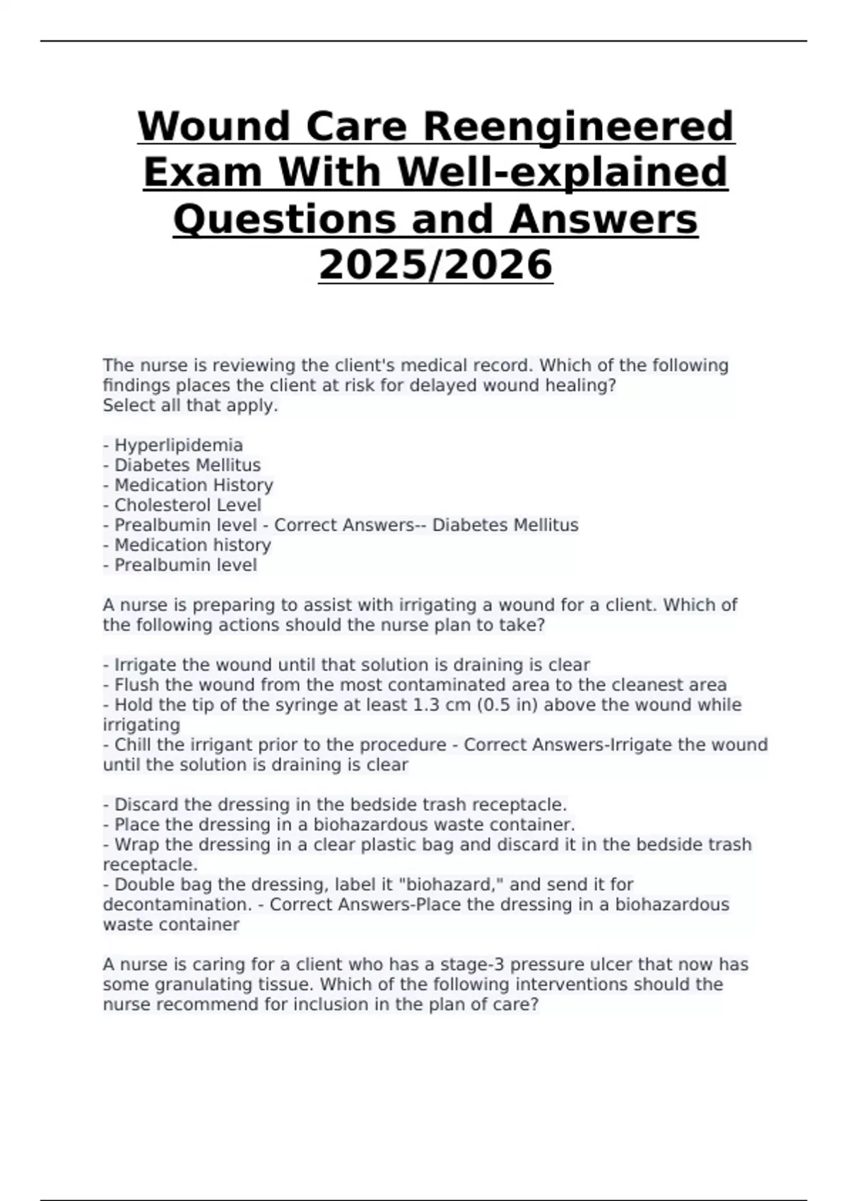 Wound Care Reengineered Exam – Well-Explained Questions and Answers – 2025/2026 Edition - Wound ...