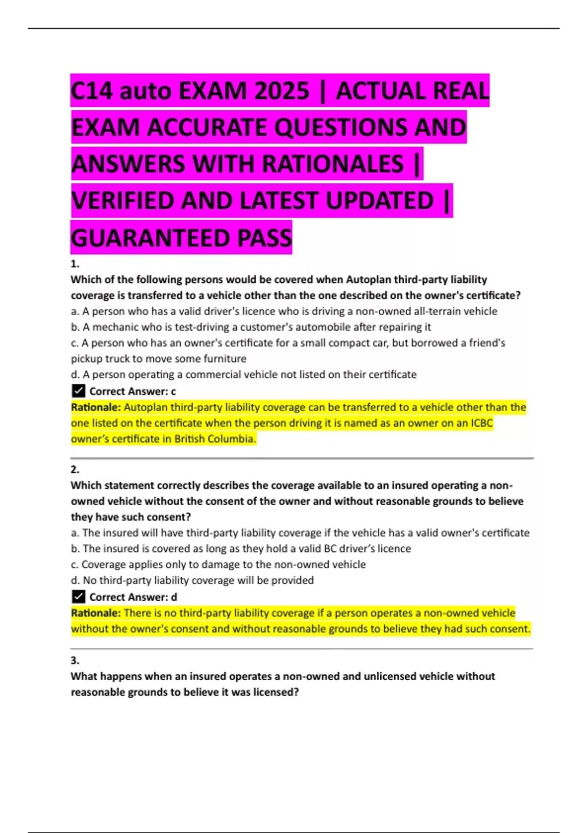 C14 auto EXAM 2025 | ACTUAL REAL EXAM ACCURATE QUESTIONS AND ANSWERS WITH RATIONALES | VERIFIED ...