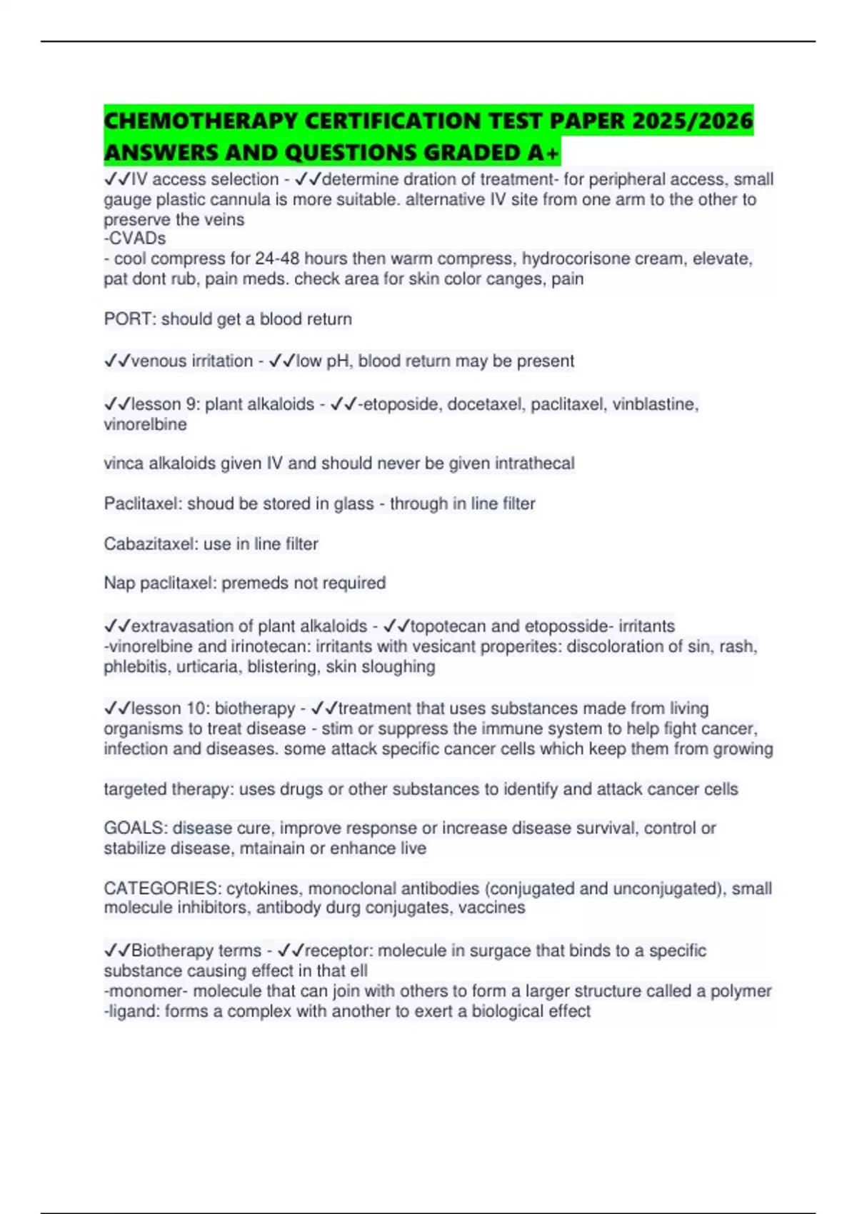 CHEMOTHERAPY CERTIFICATION TEST PAPER 2025/2026 ANSWERS AND QUESTIONS ...
