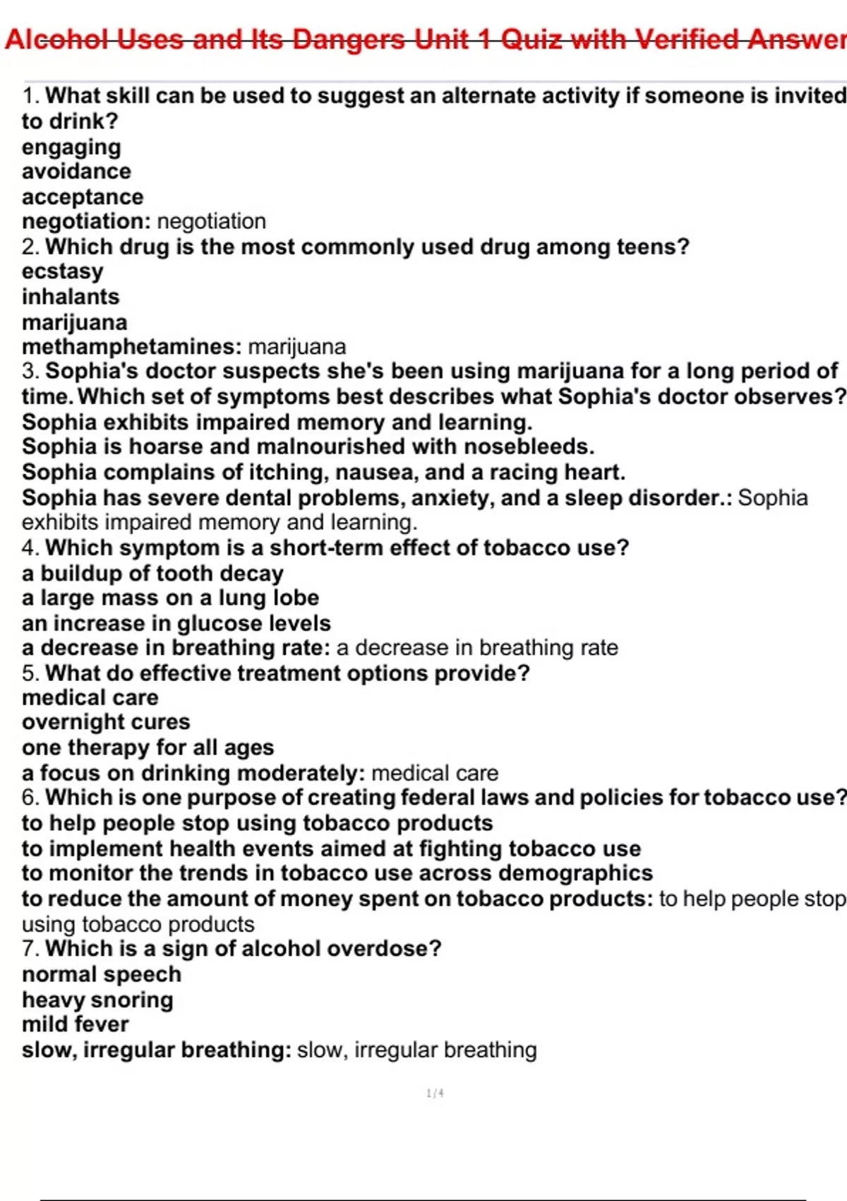 Alcohol Uses and Its Dangers Unit 1 Quiz with Verified Answers ...