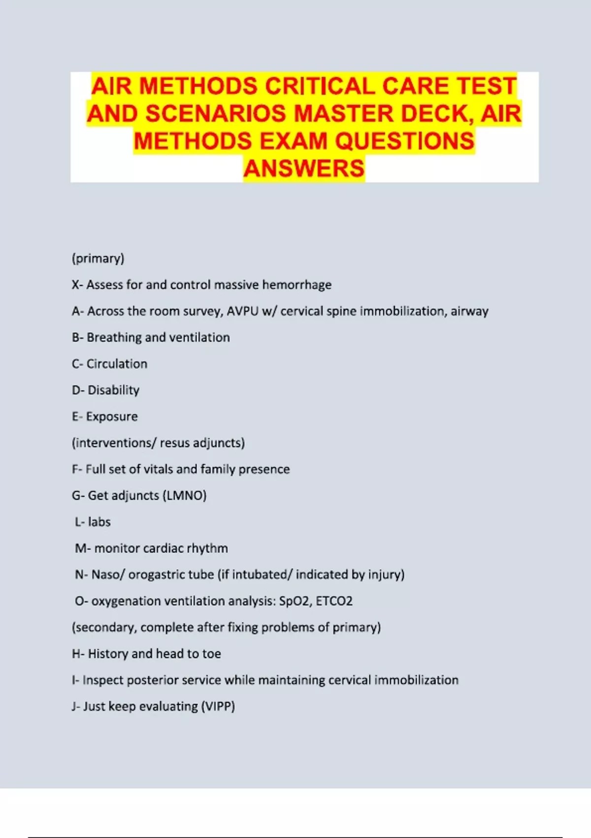 AIR METHODS CRITICAL CARE TEST AND SCENARIOS MASTER DECK, AIR METHODS ...