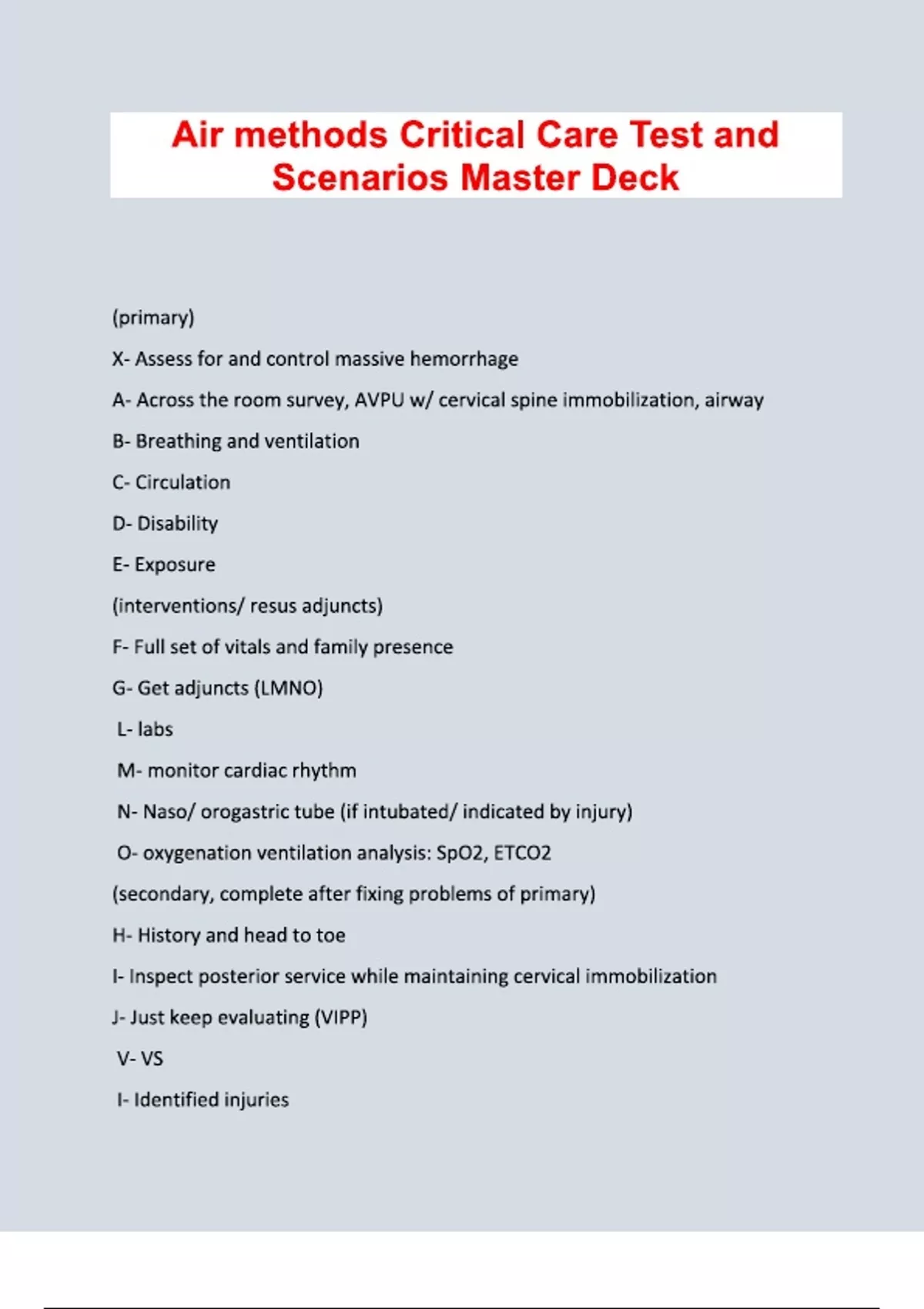 Exam for Air methods Critical Care Test and Scenarios Master Deck ...