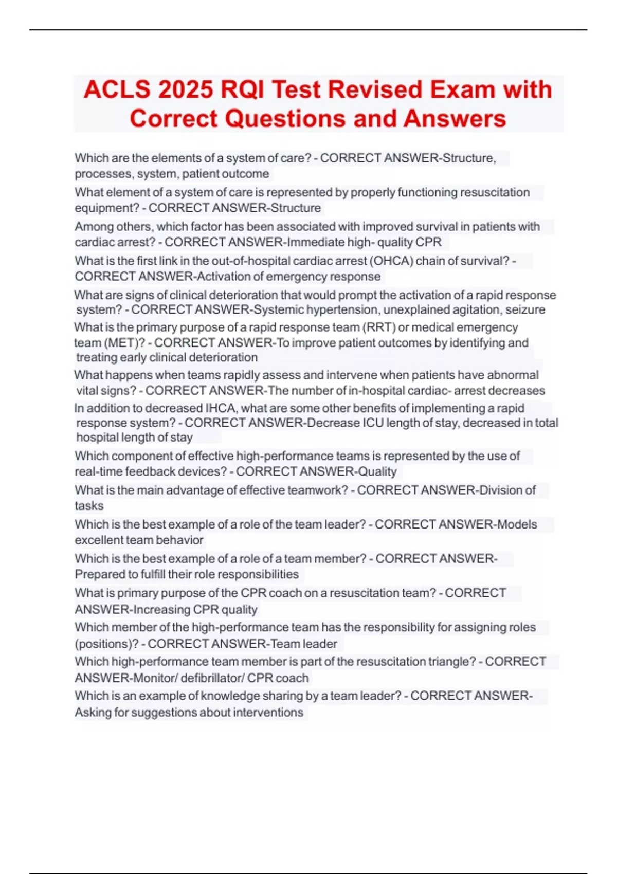 ACLS 2025 RQI Test Revised Exam with Correct Questions and Answers ...
