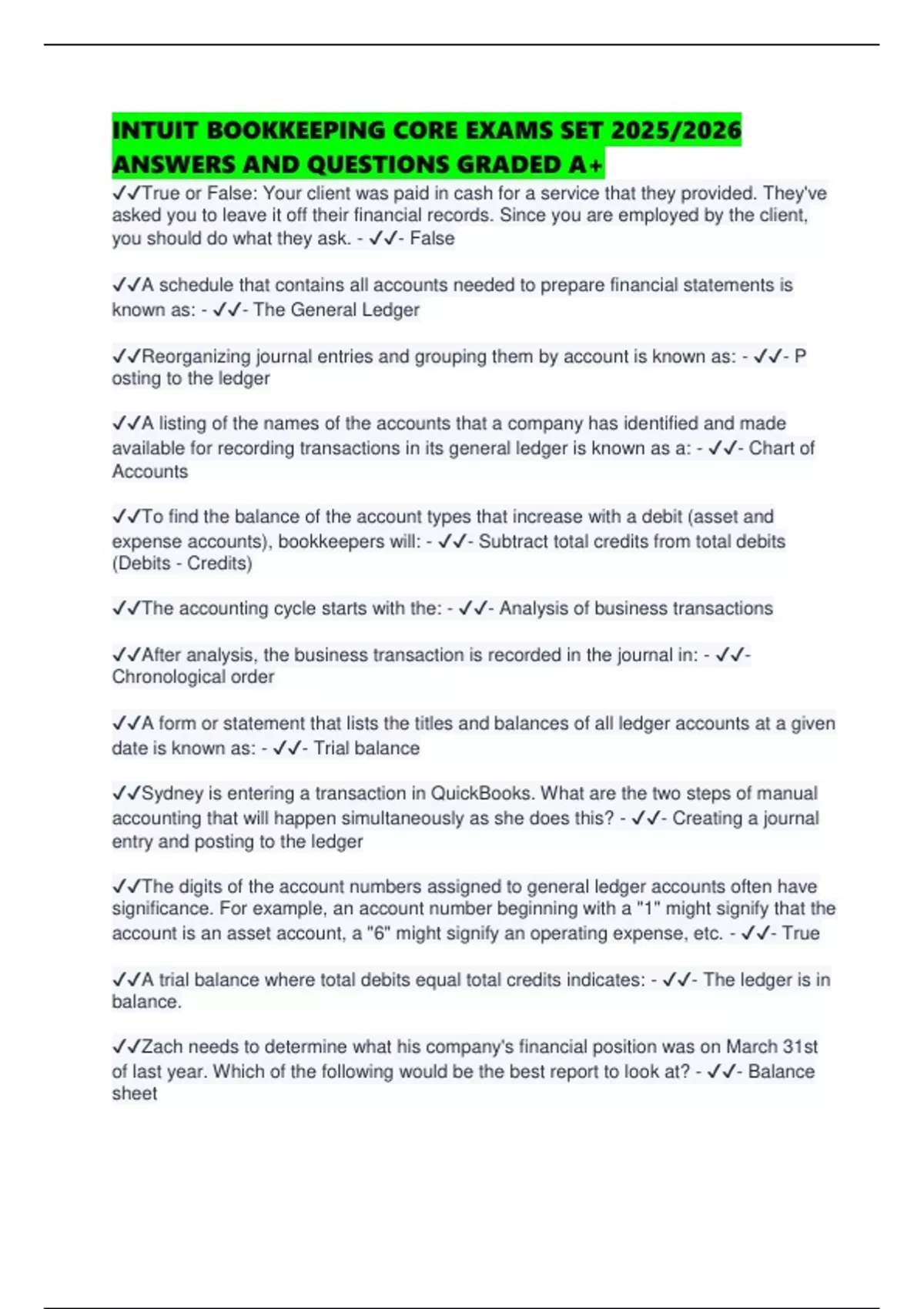 INTUIT BOOKKEEPING CORE EXAMS SET 2025/2026 ANSWERS AND QUESTIONS ...