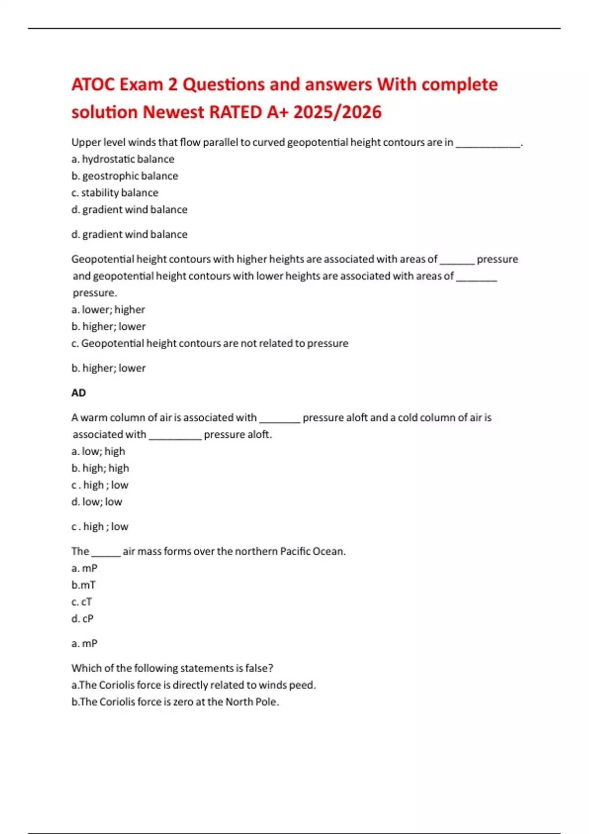 ATOC EXAM 3 | 113 QUESTIONS | WITH COMPLETE SOLUTIONS!! - ATOC - Stuvia US