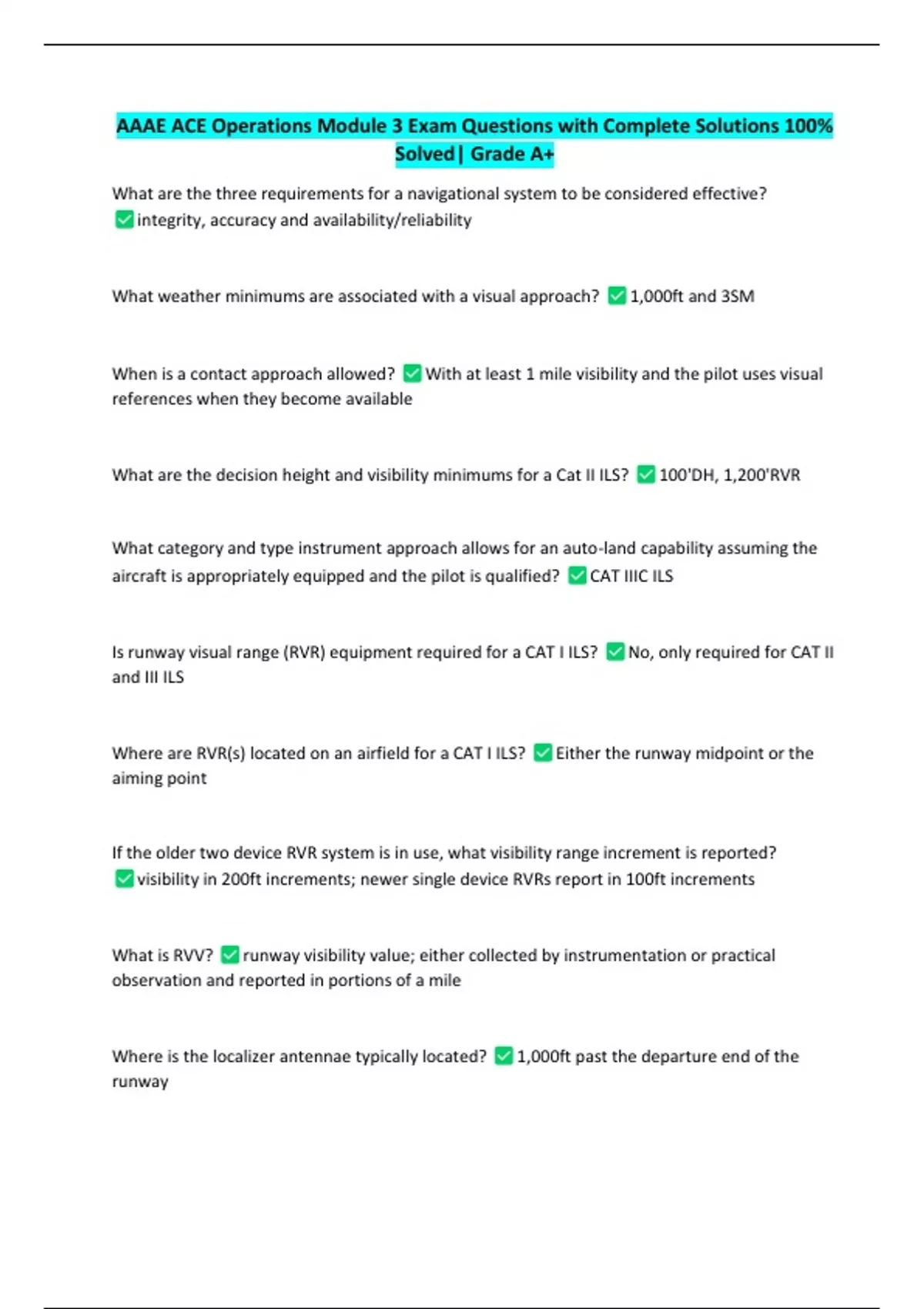 Aaae Ace Operations Module 3 Exam Questions With Complete Solutions 100