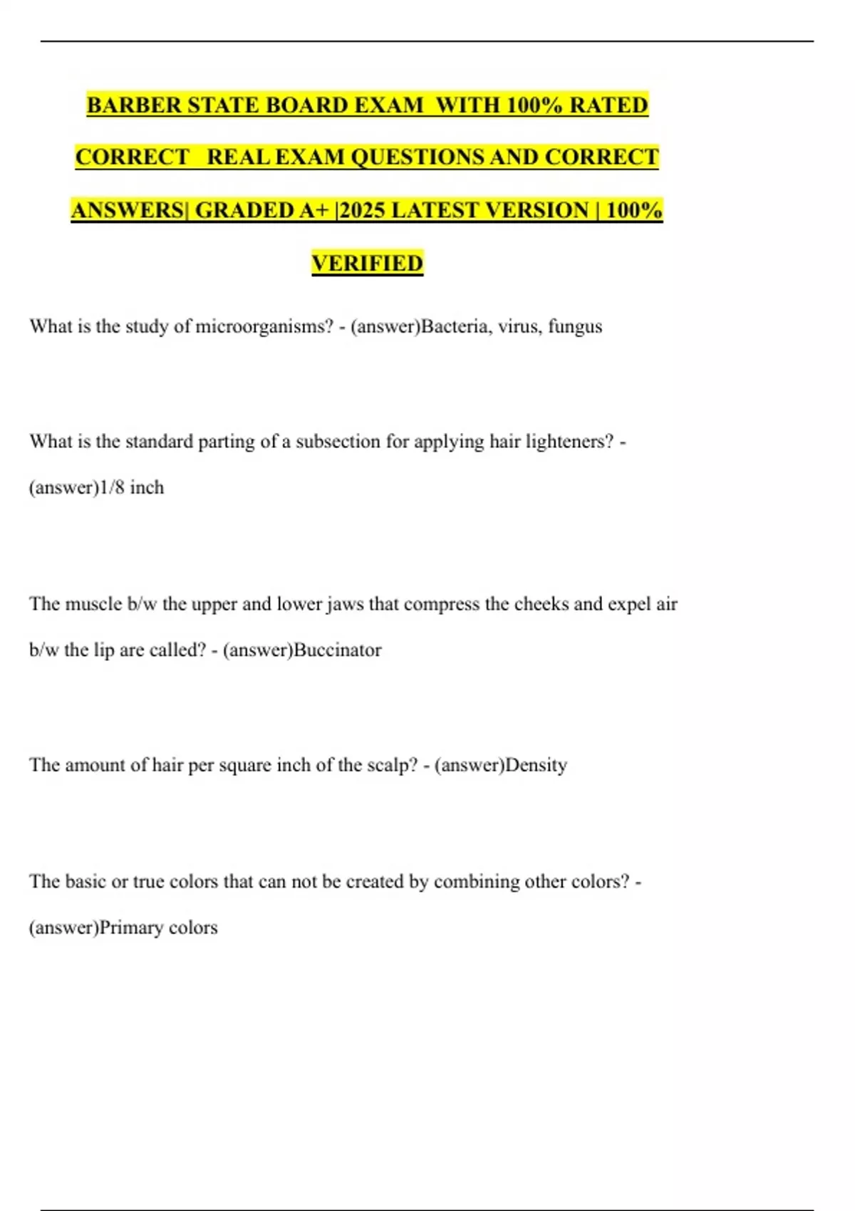 BARBER STATE BOARD EXAM WITH 100% RATED CORRECT REAL EXAM QUESTIONS AND ...