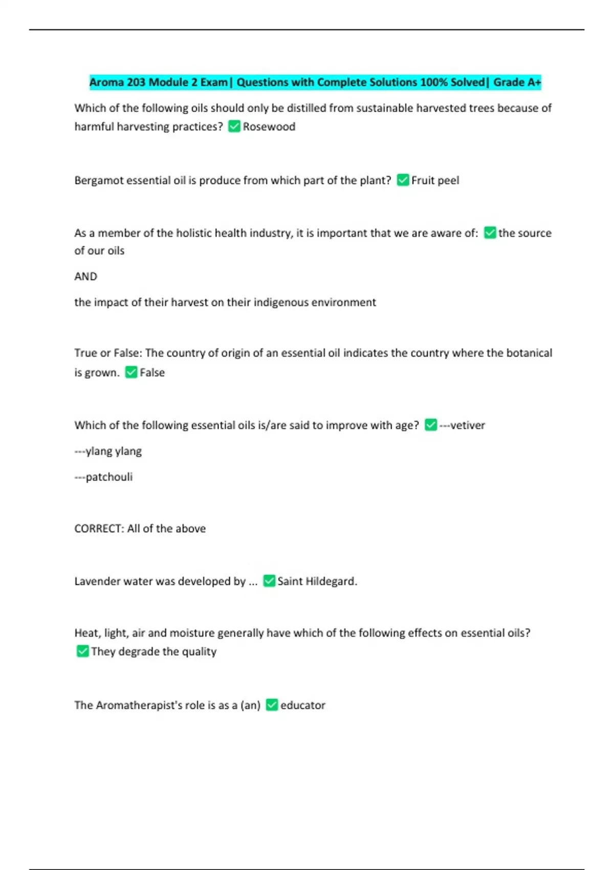 Aroma 203 Module 2 Exam| Questions with Complete Solutions 100% Solved| Grade A+ - Aroma 203 ...