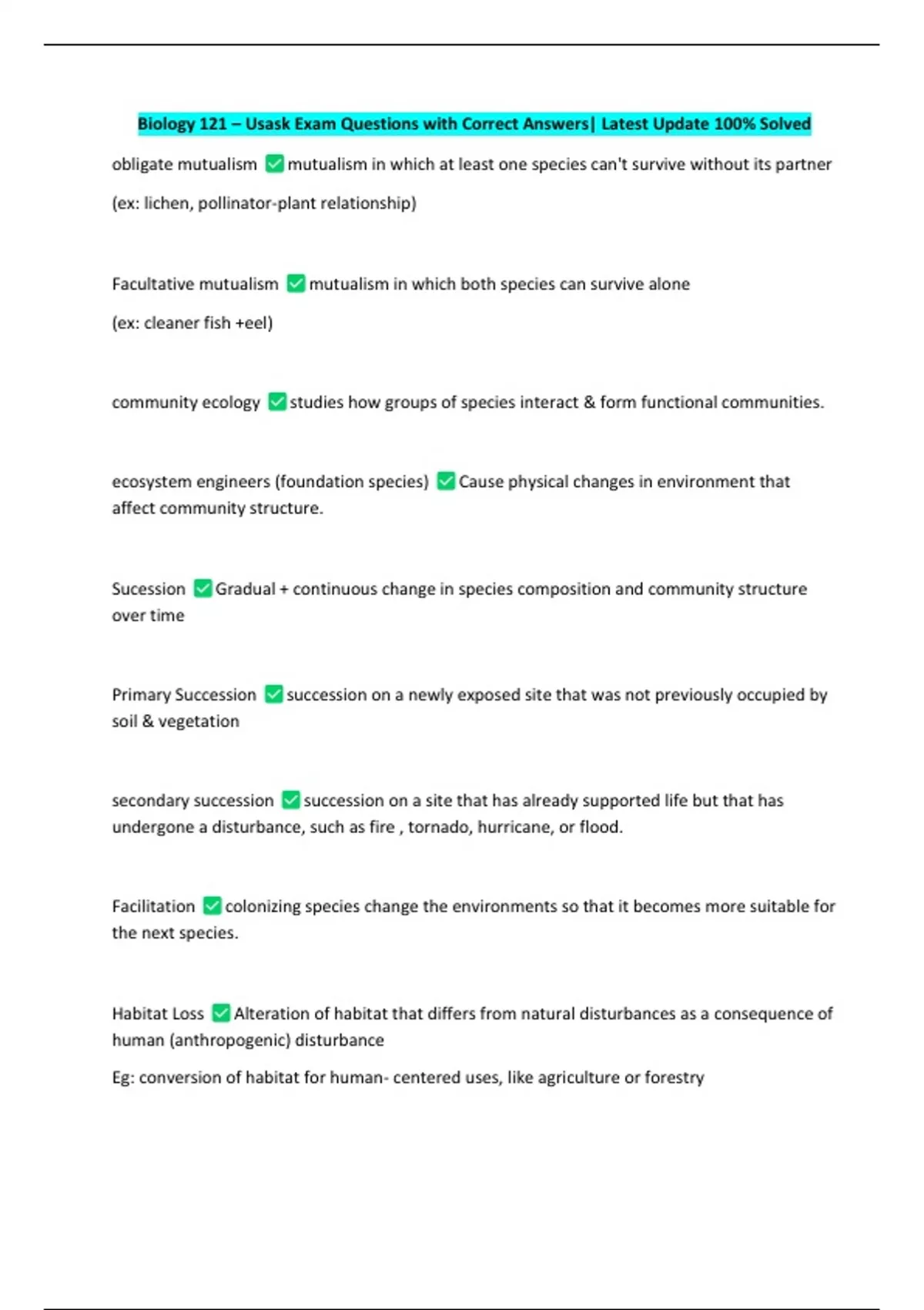Biology 121 – Usask Exam Questions with Correct Answers| Latest Update ...