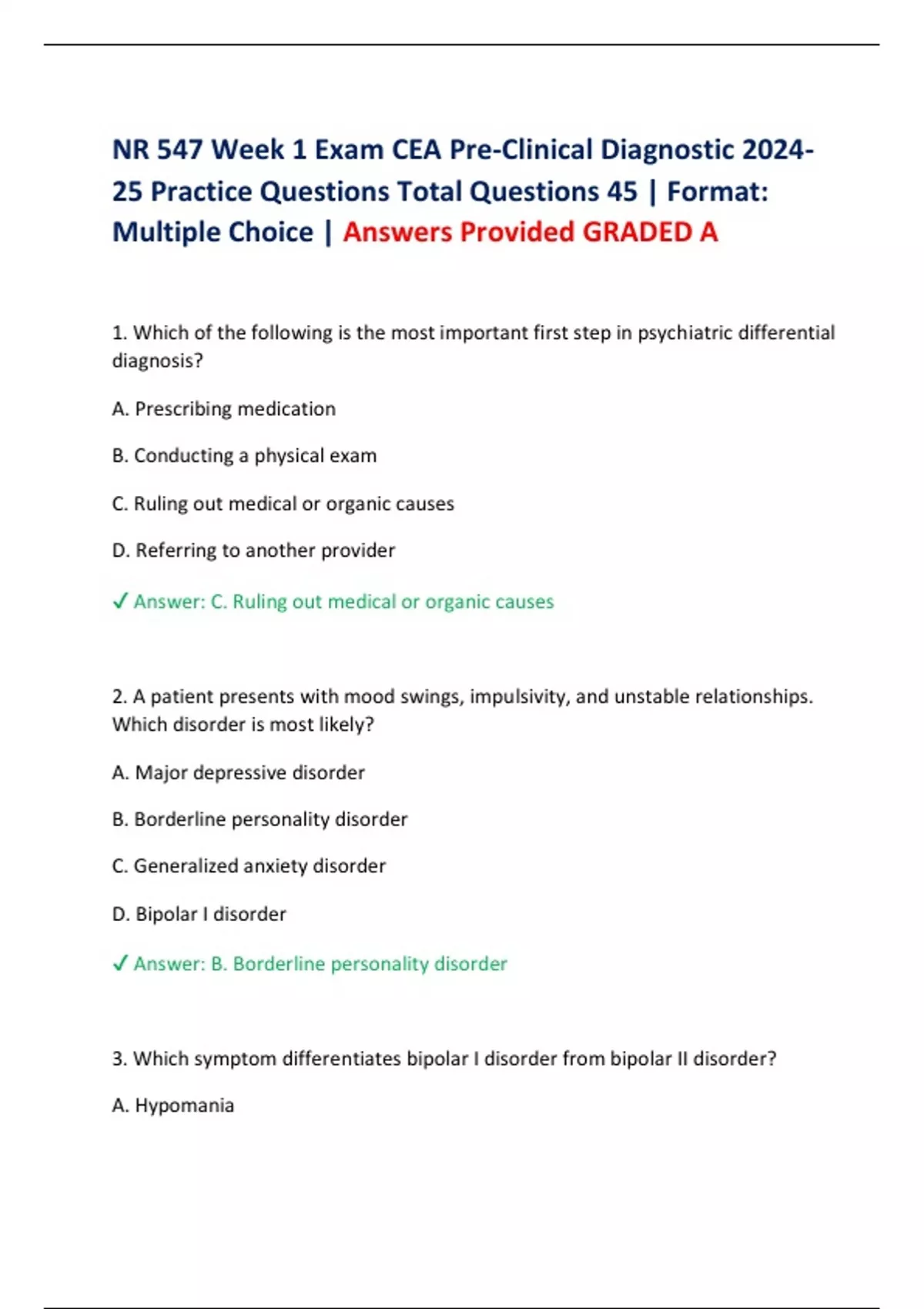 NR 547 Week 1 Exam CEA Pre-Clinical Diagnostic 2024 25 Practice ...