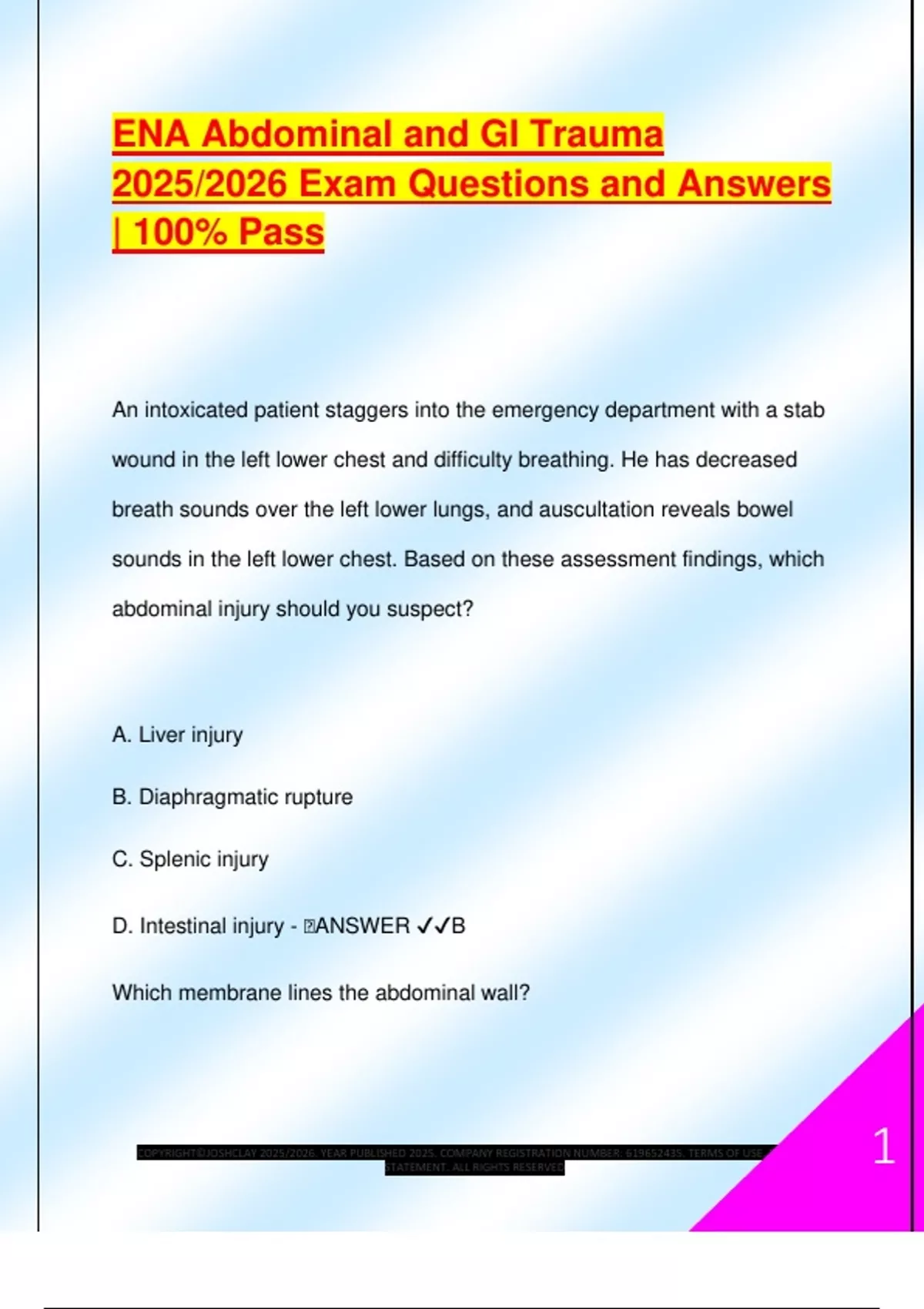 ENA Abdominal and GI Trauma 2025/2026 Exam Questions and Answers | 100% Pass - Ena - Stuvia US