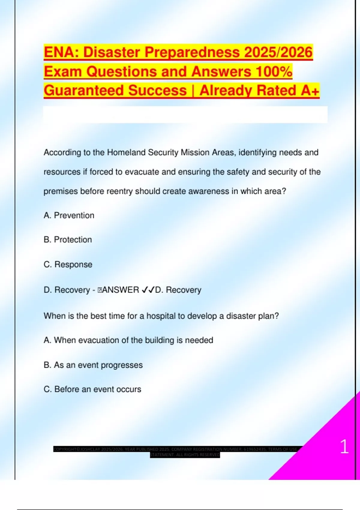 ENA: Disaster Preparedness 2025/2026 Exam Questions and Answers 100% Guaranteed Success ...