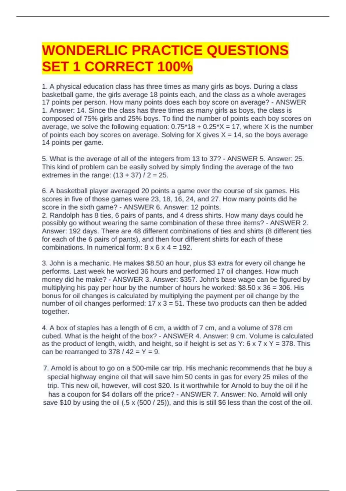 WONDERLIC PRACTICE QUESTIONS SET 1 CORRECT 100% - WONDERLIC - Stuvia US