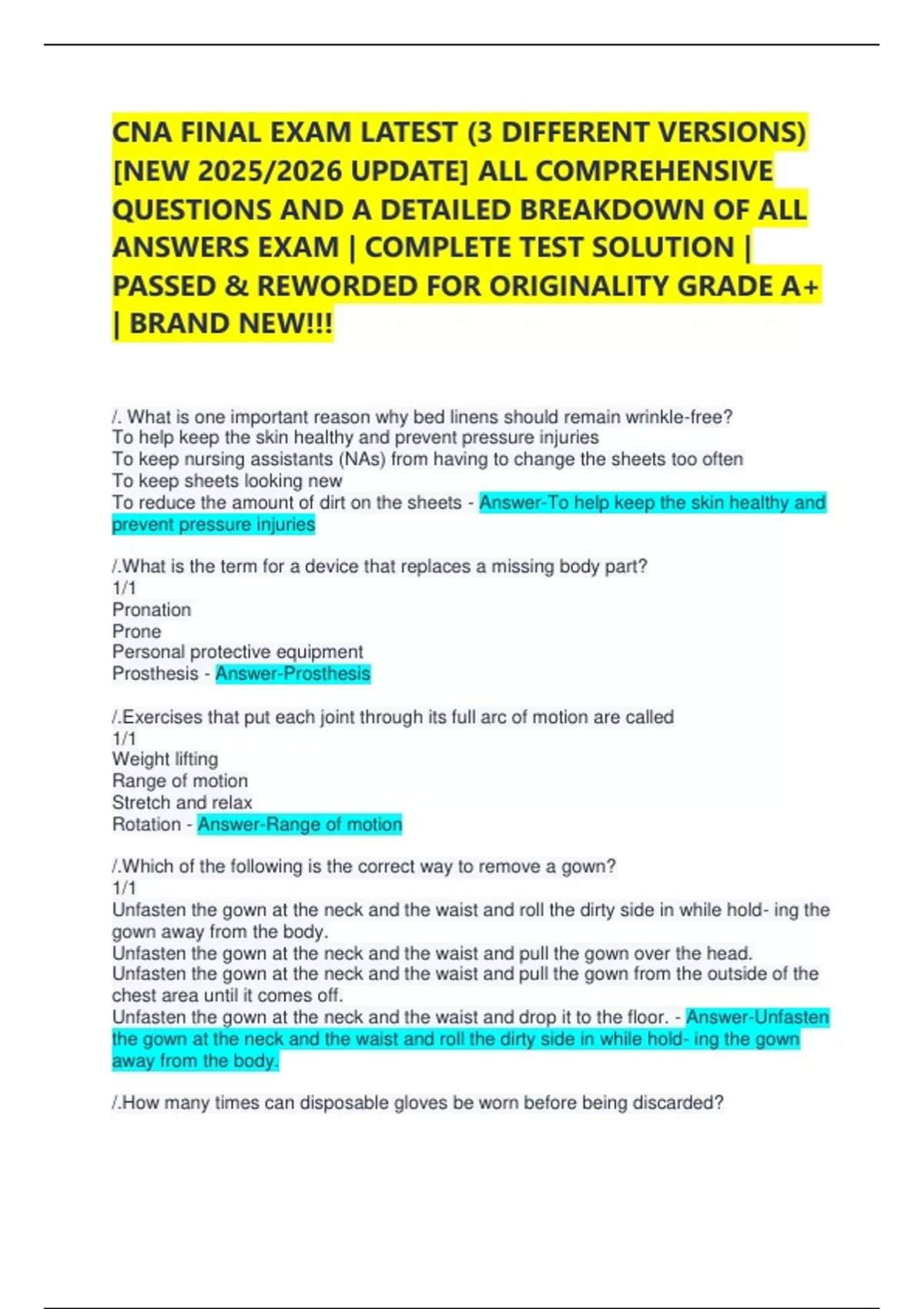 CNA FINAL EXAM LATEST (3 DIFFERENT VERSIONS) [NEW 2025/2026 UPDATE] ALL ...