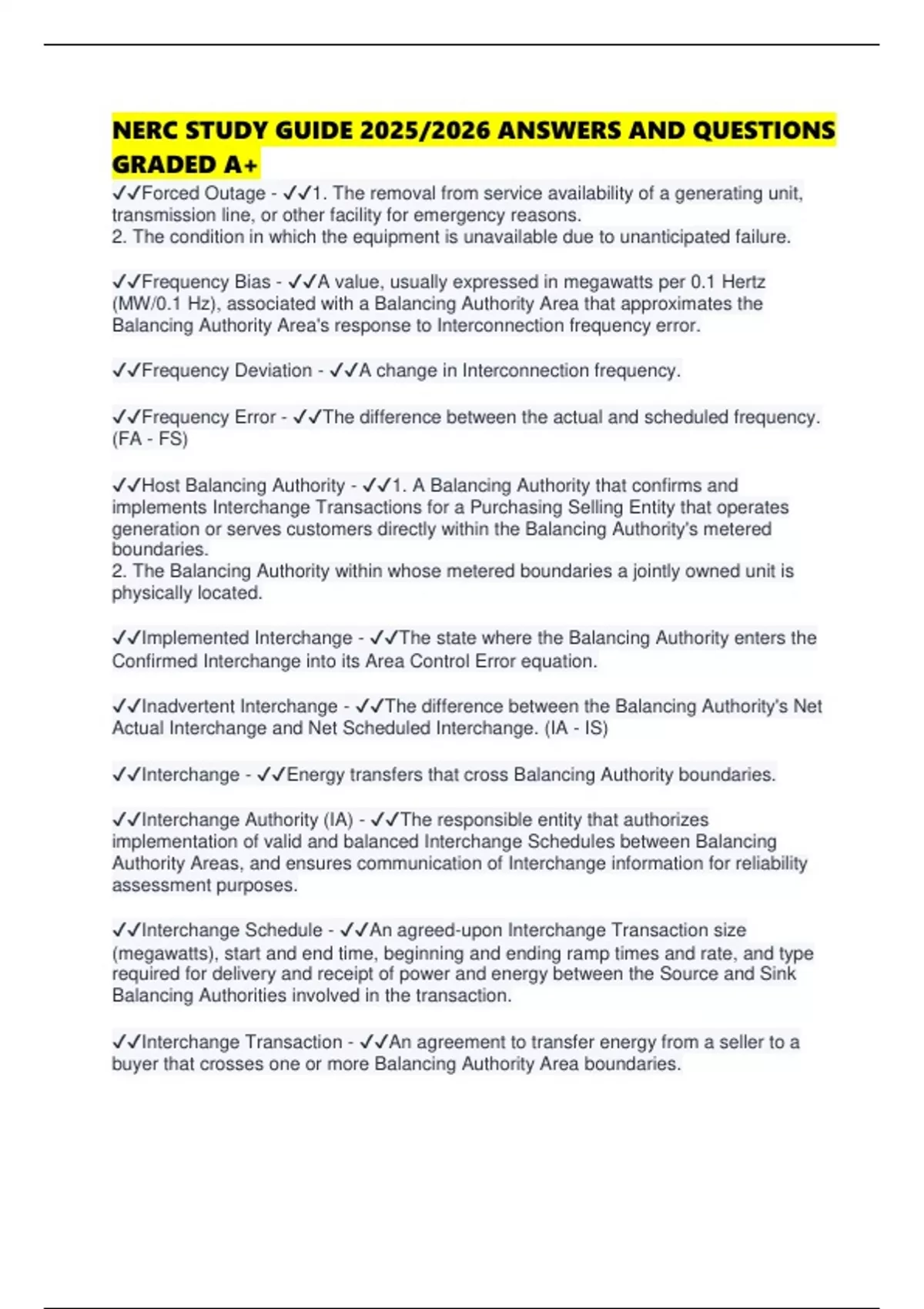 NERC STUDY GUIDE 2025/2026 ANSWERS AND QUESTIONS GRADED A+ - NERC ...