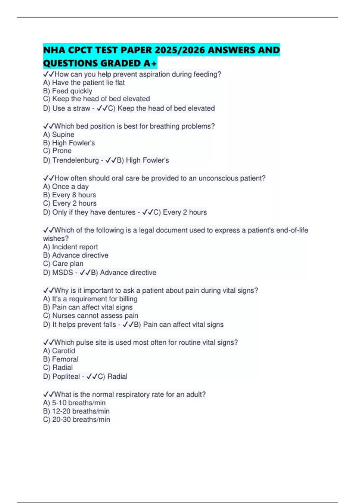 NHA CPCT TEST PAPER 2025/2026 ANSWERS AND QUESTIONS GRADED A+ - NHA PCT ...