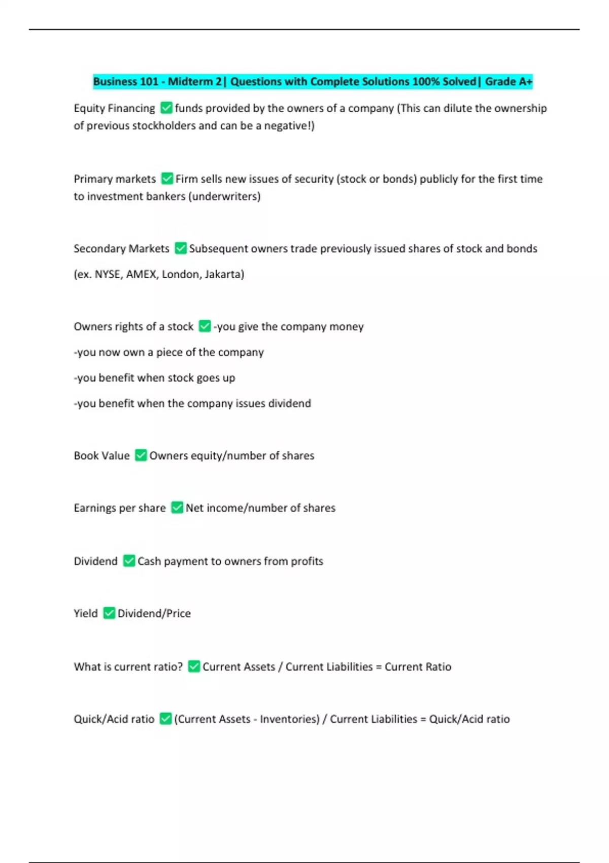 Business 101 - Midterm 2| Questions with Complete Solutions 100% Solved ...