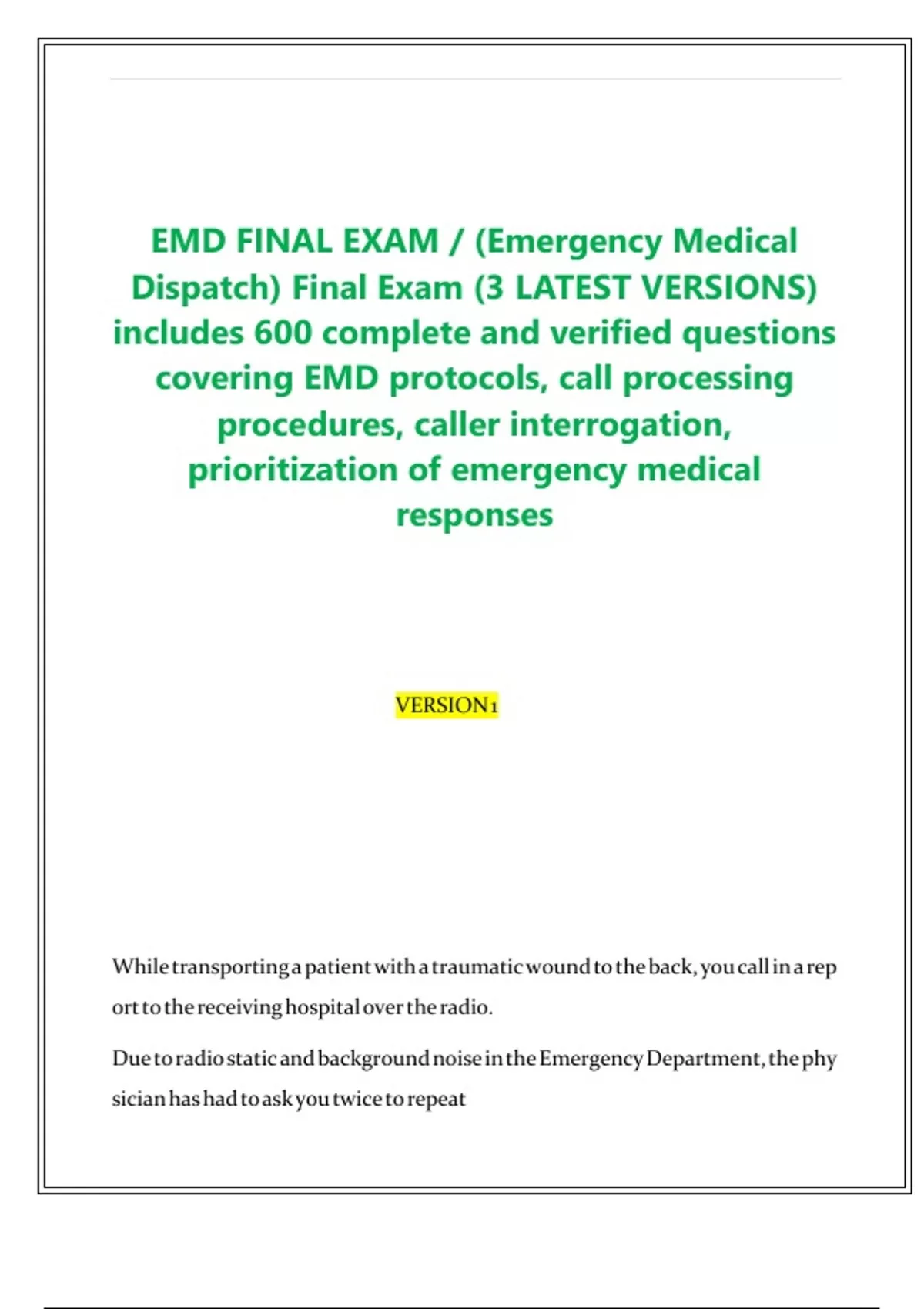 Emergency Medical Dispatch (EMD) Final Exam Study Guide: 600 Verified ...