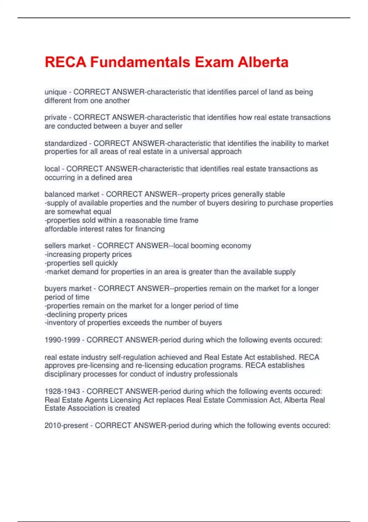 RECA Fundamentals Exam Alberta Questions and Answers 100% Solved ...