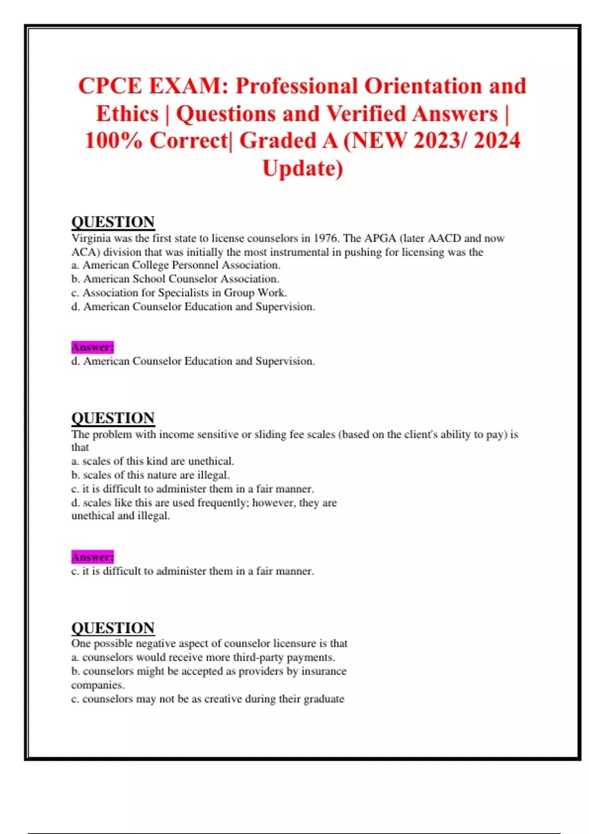 CPCE EXAM: Professional Orientation and Ethics | Questions and Verified ...