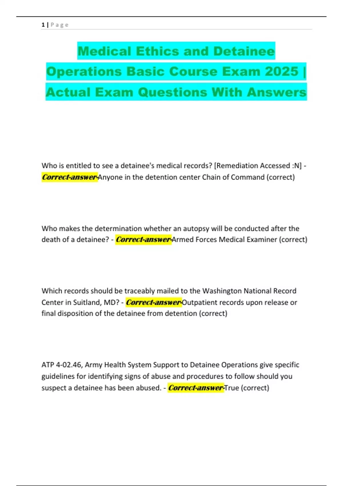 Medical Ethics and Detainee Operations Basic Course Exam 2025 | Actual ...