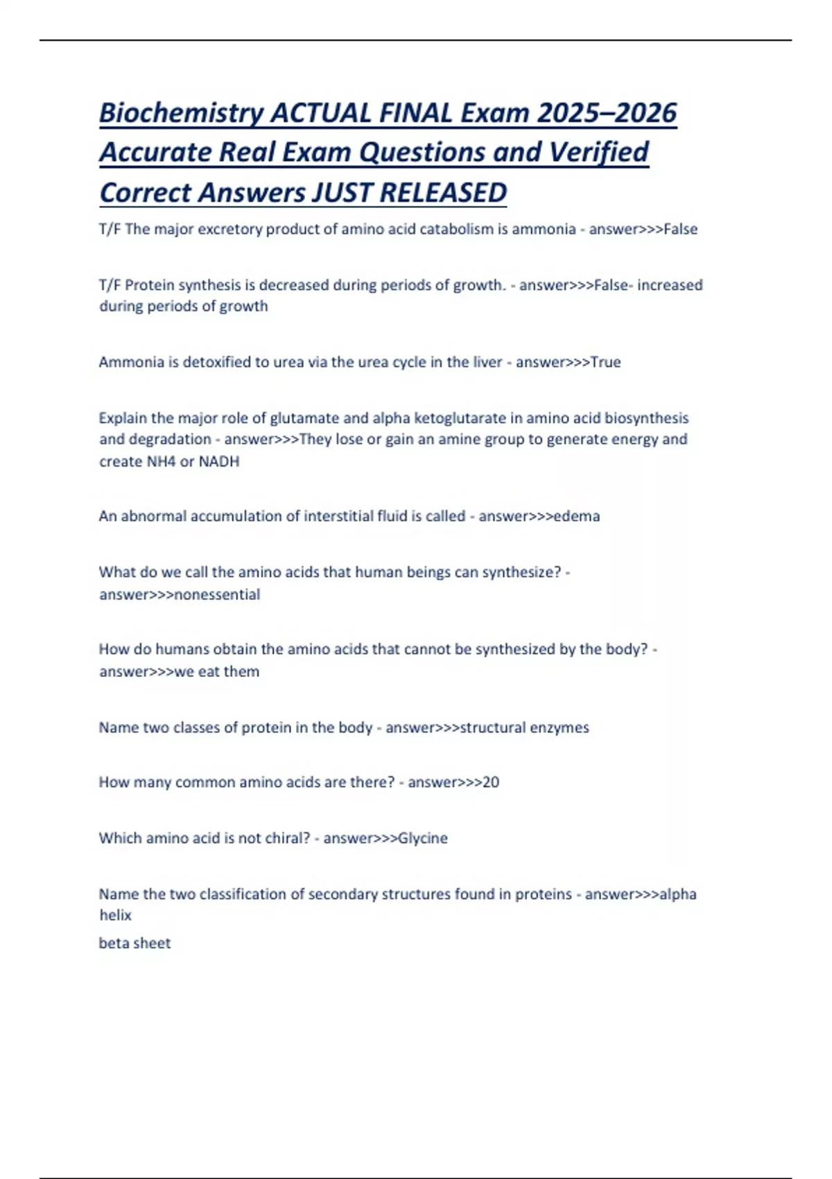 Biochemistry Actual Final Exam 2025–2026 Metabolism, Amino Acids, and ...
