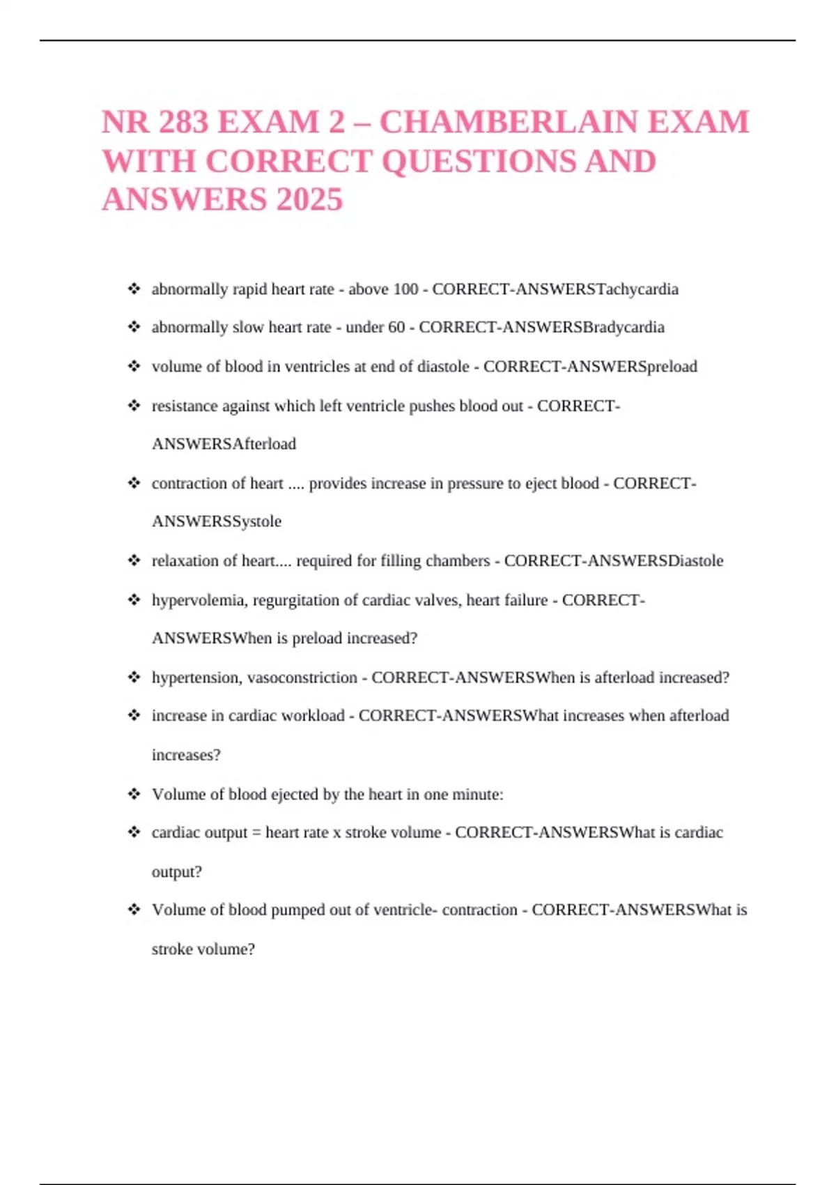 NR 283 EXAM 2 – CHAMBERLAIN EXAM WITH CORRECT QUESTIONS AND ANSWERS 2025 - NR 283 - Stuvia US