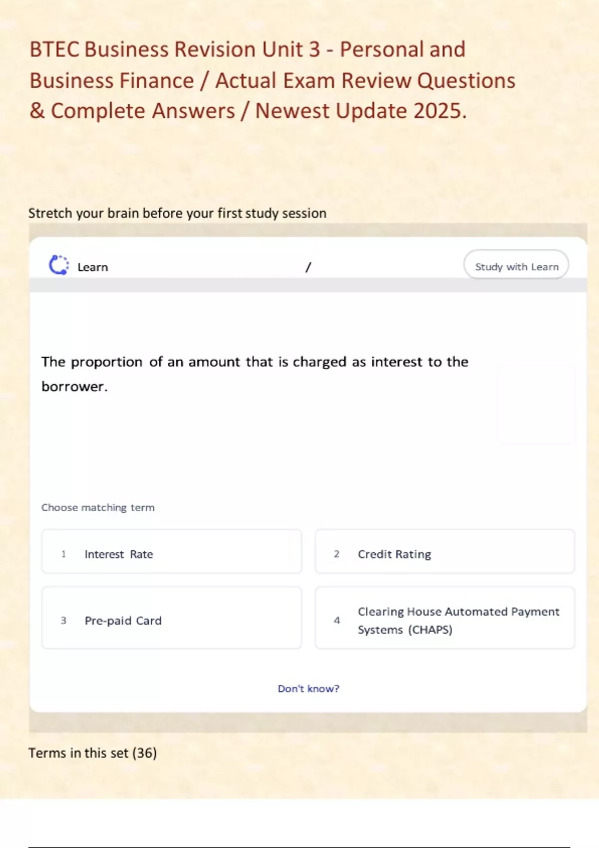 BTEC Business Revision Unit 3 - Personal and Business Finance / Actual ...