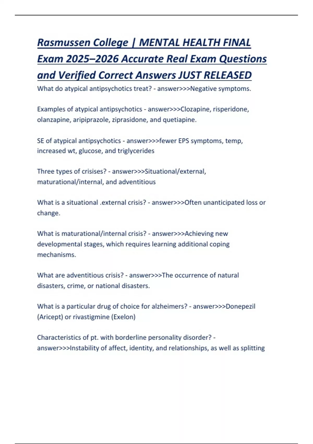 Rasmussen College Mental Health Final Exam 2025–2026 Psychiatric ...