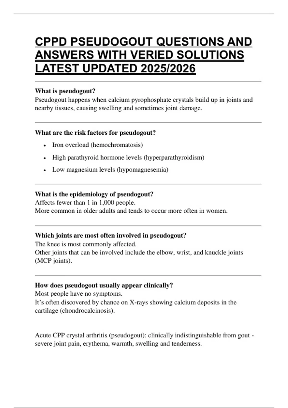 CPPD PSEUDOGOUT QUESTIONS AND ANSWERS WITH VERIED SOLUTIONS LATEST ...