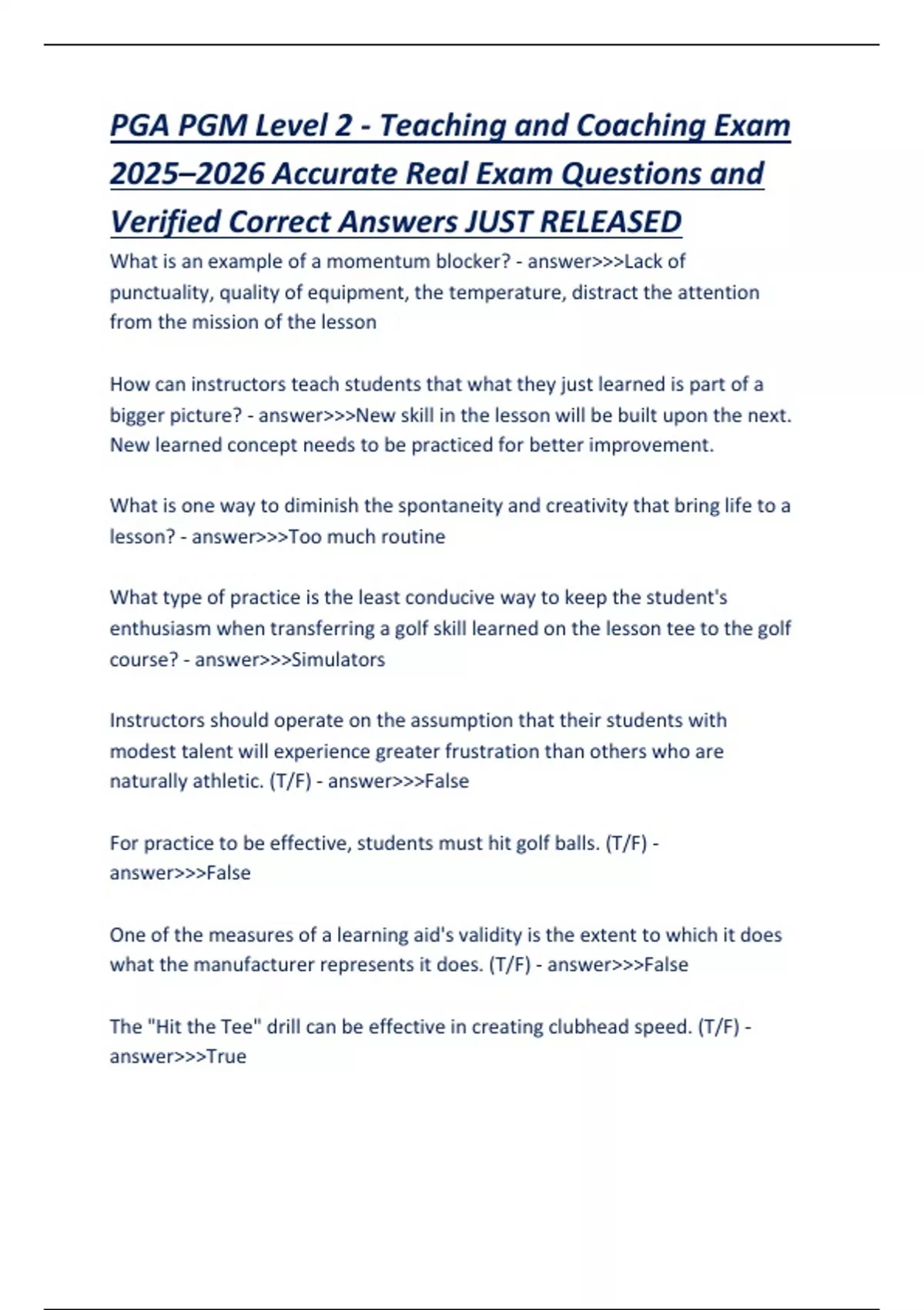 PGA PGM Level 2 – Teaching and Coaching Exam 2025–2026 Golf Instruction, Feedback, Practice ...