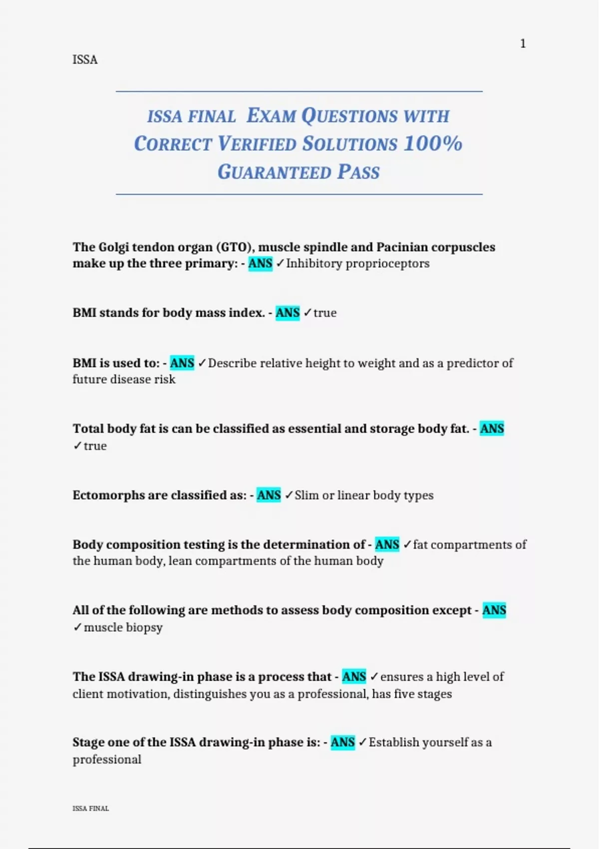 ISSA FINAL EXAM QUESTIONS WITH CORRECT VERIFIED SOLUTIONS 100% GUARANTEED PASS - ISSA - Stuvia US