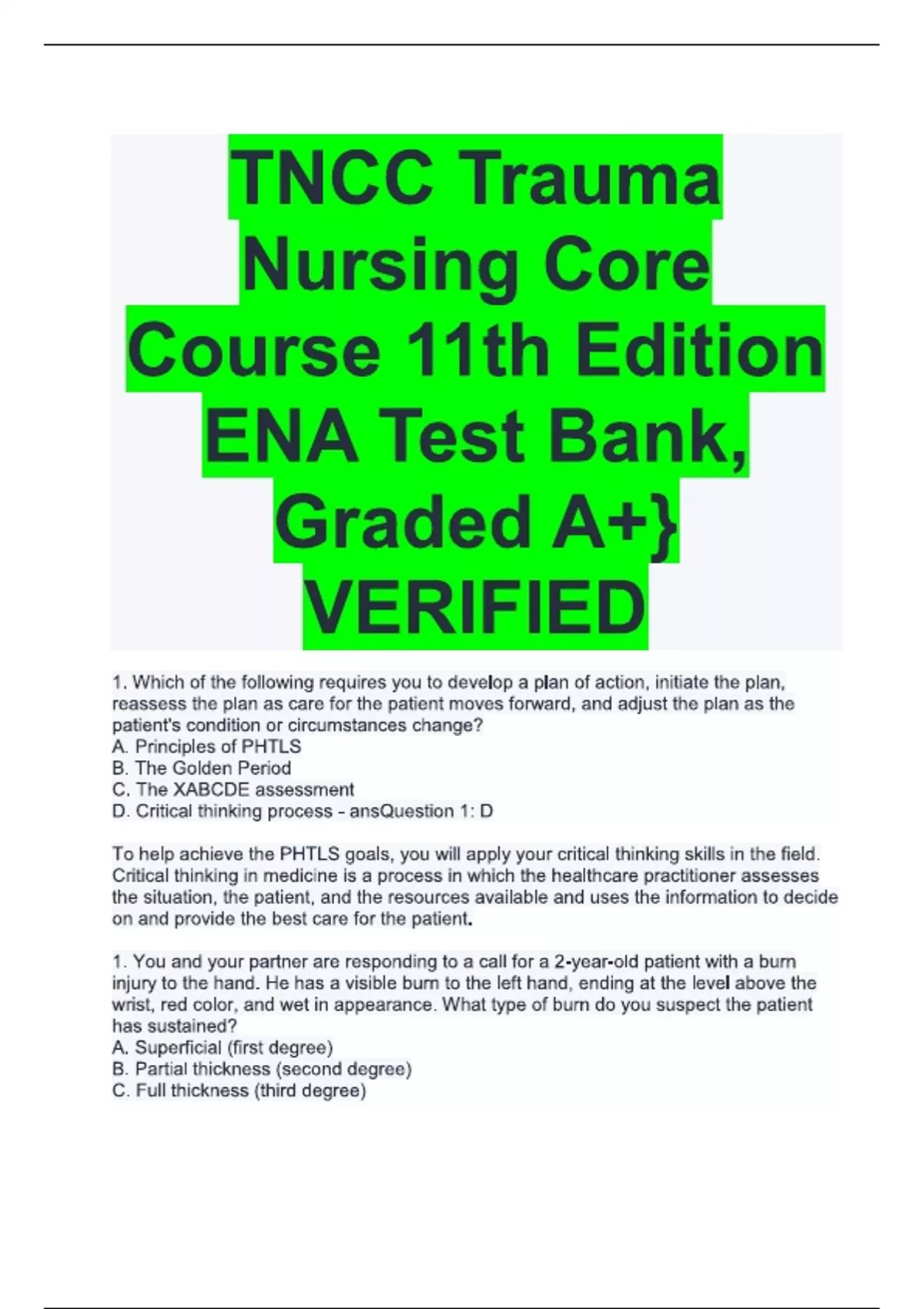 TNCC Trauma Nursing Core Course 11th Edition ENA Test Bank, Graded A+ ...