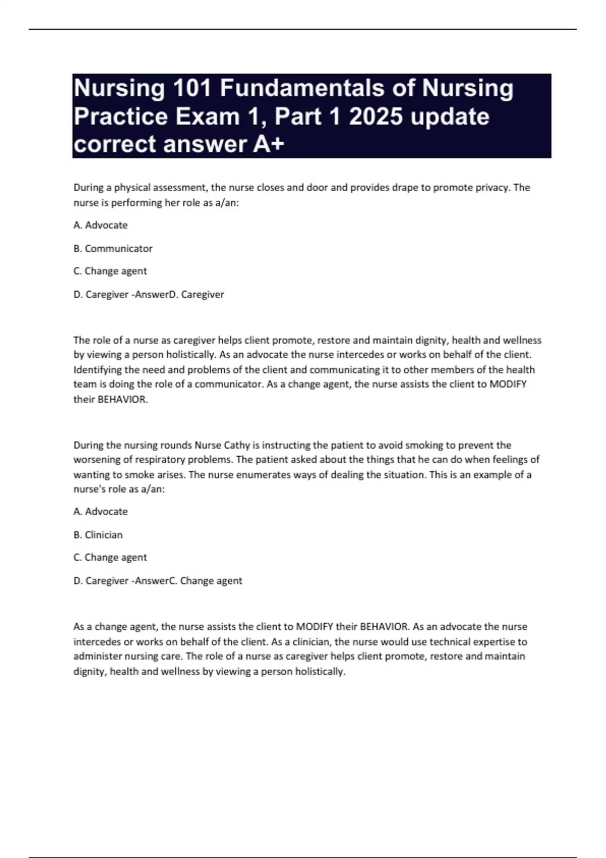 Nursing 101 Practice Exam 1 – Fundamentals of Nursing | A+ Answer Key ...