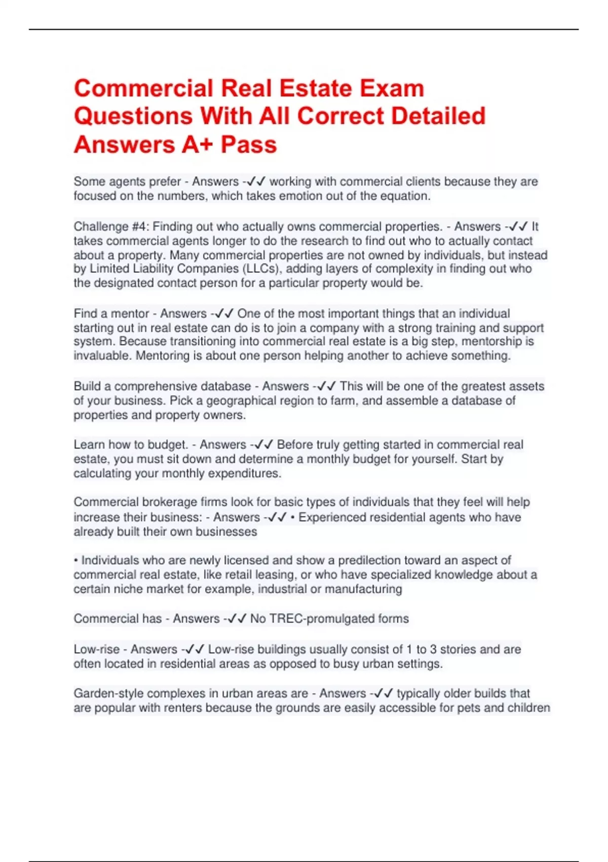 Commercial Real Estate Exam Questions With All Correct Detailed Answers ...