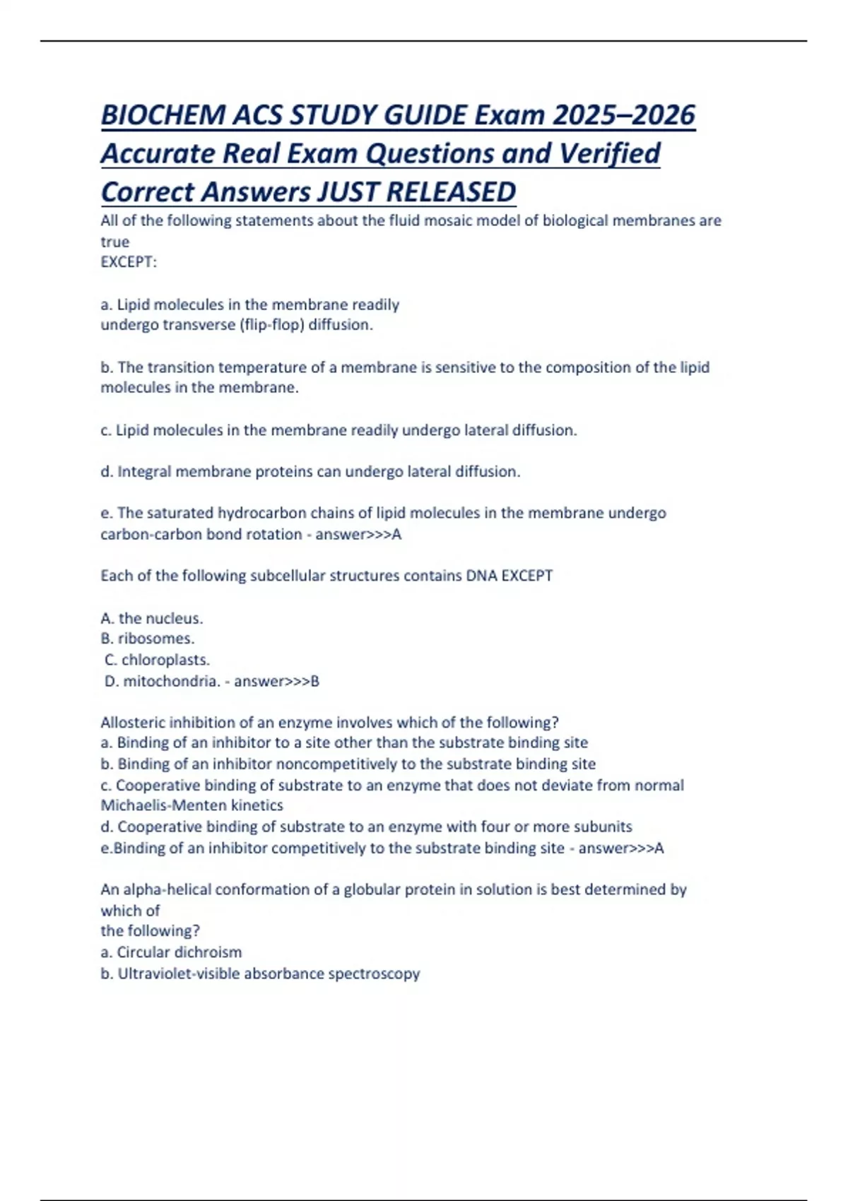 Biochemistry ACS Exam Study Guide (2025–2026) – ACS Final Real ...
