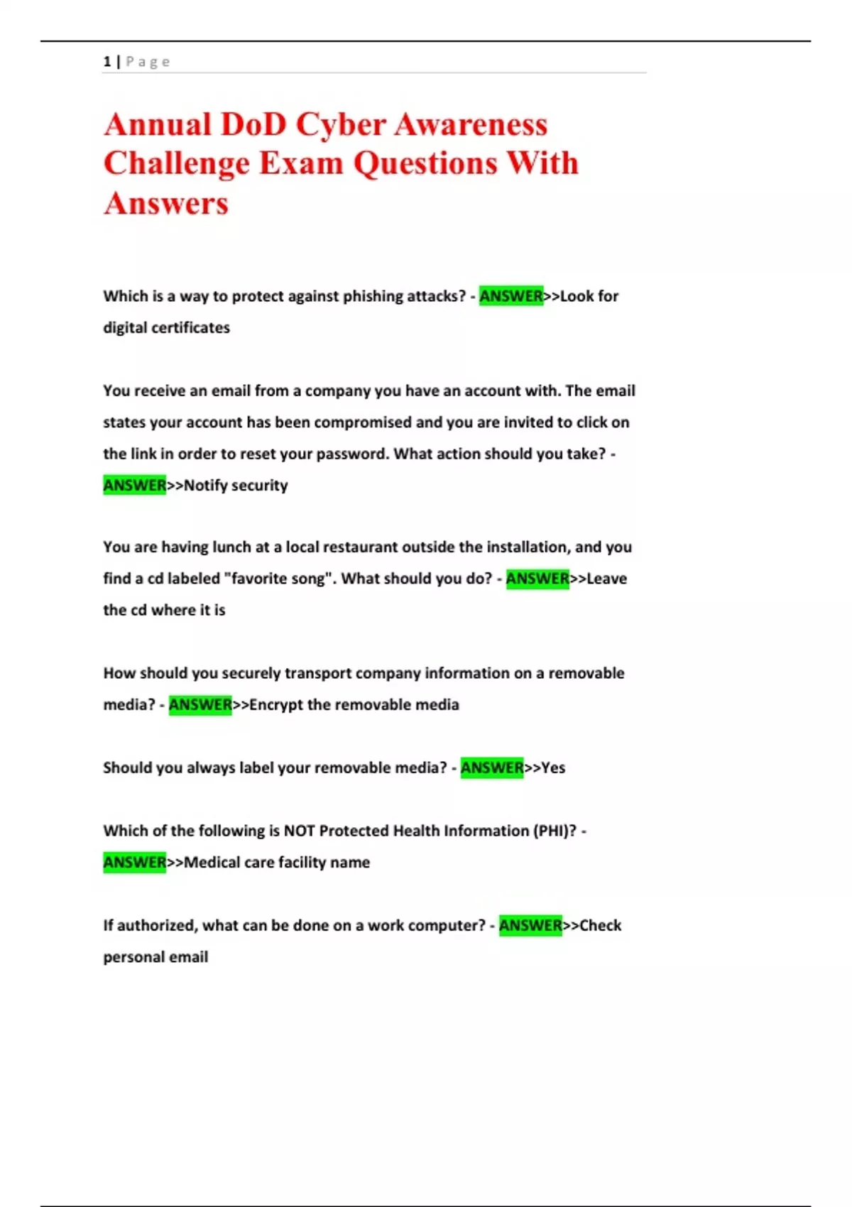 Annual DoD Cyber Awareness Challenge Exam Questions With Answers - CNP ...