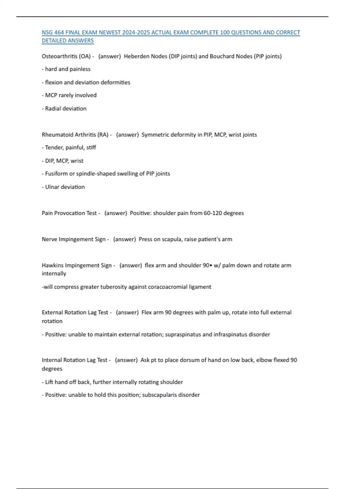 NSG 464 FINAL EXAM NEWEST ACTUAL EXAM COMPLETE 100 QUESTIONS AND ...