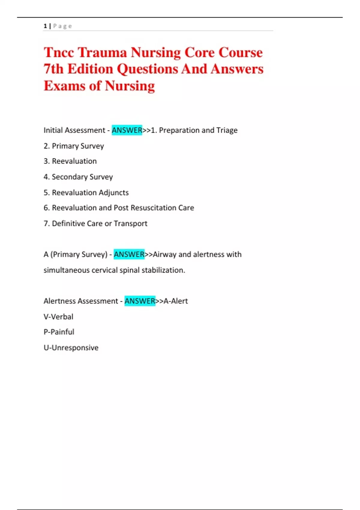 Tncc Trauma Nursing Core Course 7th Edition Questions And Answers Exams of Nursing - CNA ...