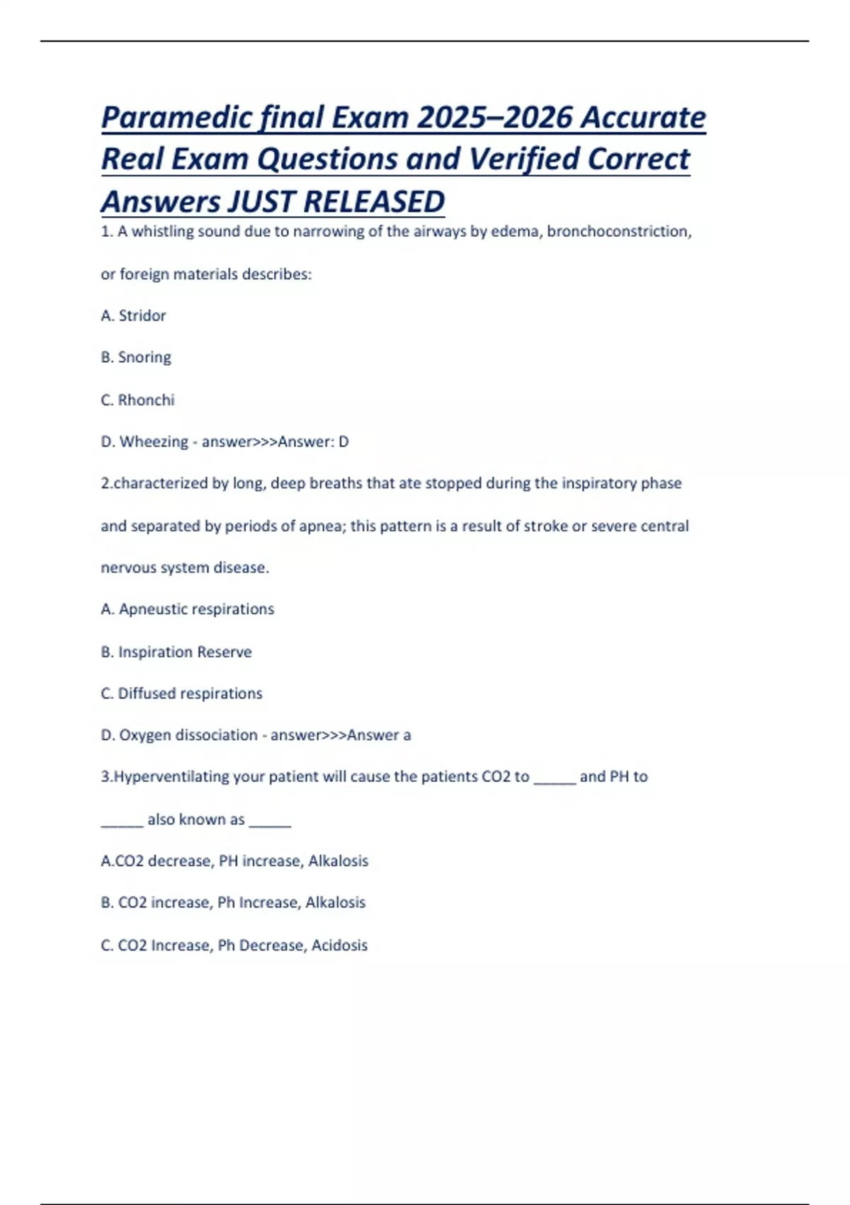 Paramedic Final Exam 2025–2026 | Verified Real Exam Questions & Answers ...