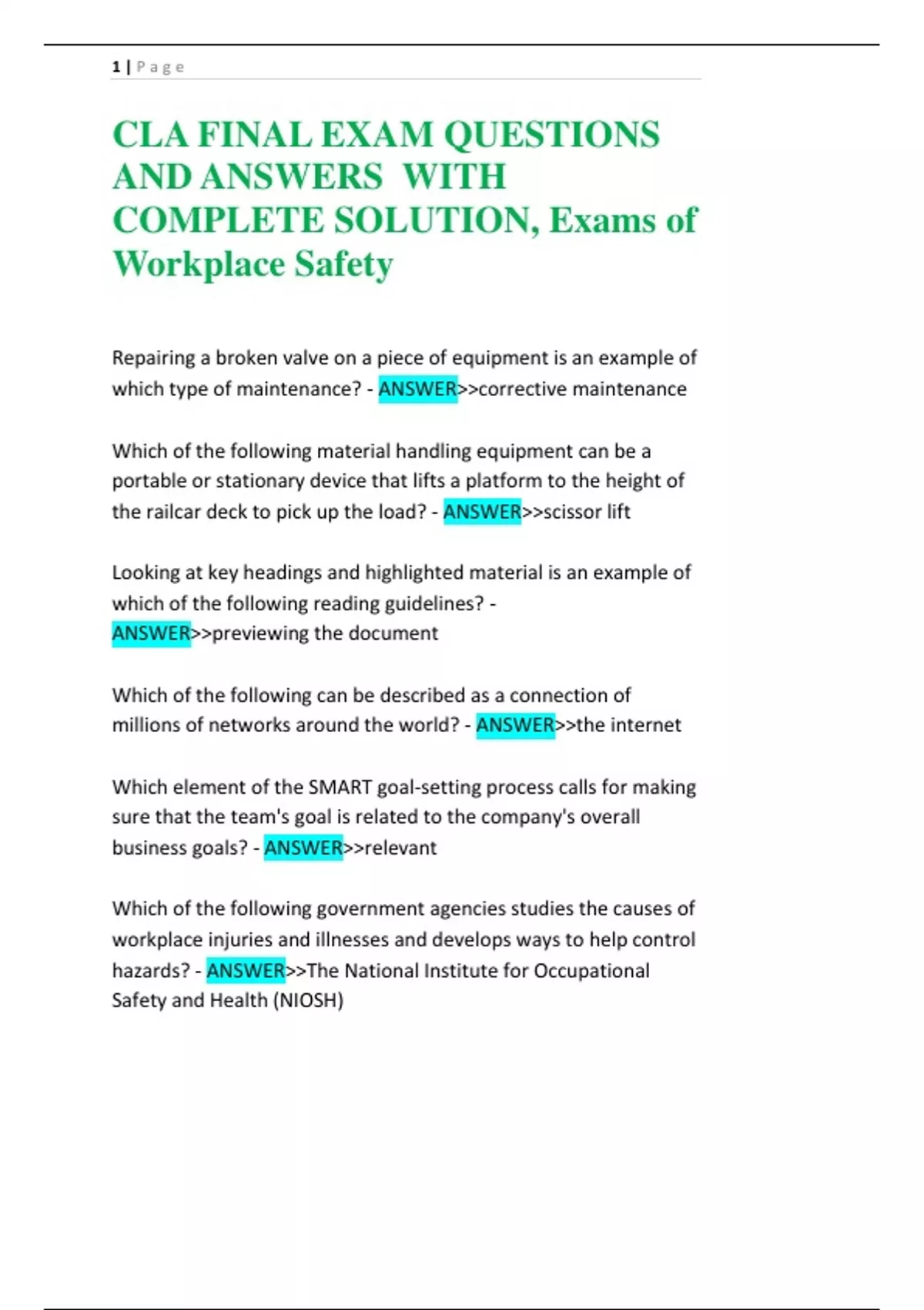 CLA FINAL EXAM QUESTIONS AND ANSWERS WITH COMPLETE SOLUTION, Exams of ...