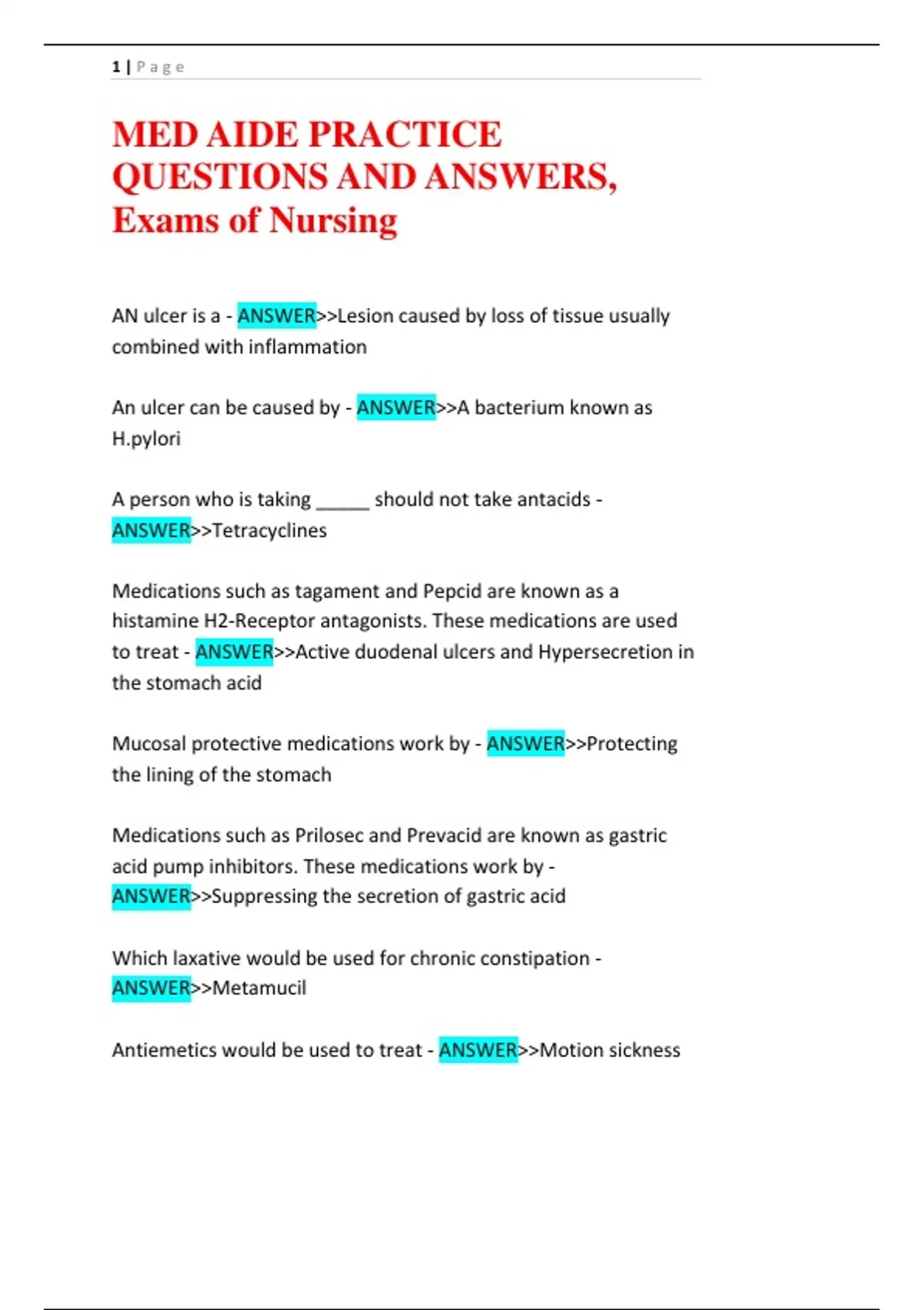 MED AIDE PRACTICE QUESTIONS AND ANSWERS, Exams of Nursing - CNP ...