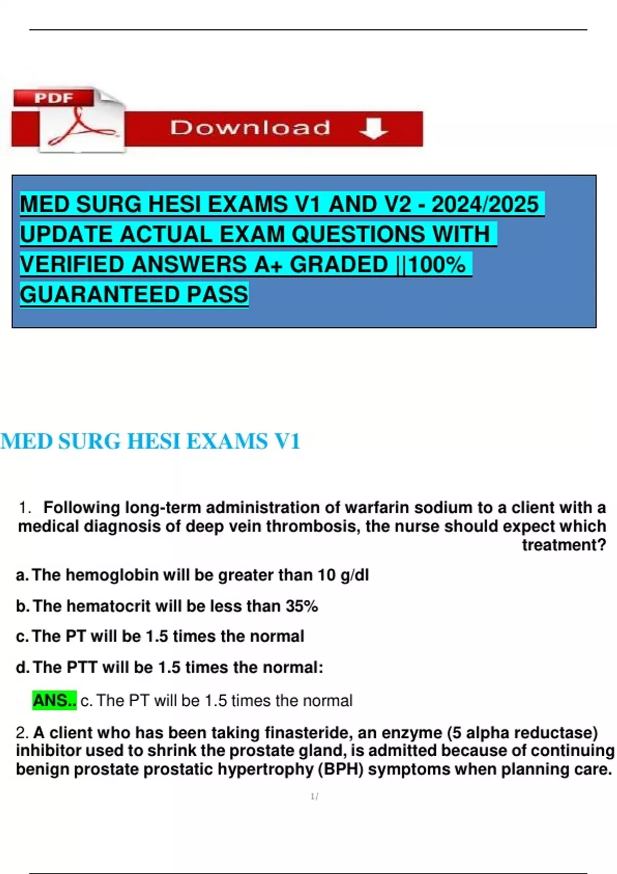 MED SURG HESI EXAMS V1 AND V2 - 2024/2025 UPDATE ACTUAL EXAM QUESTIONS ...